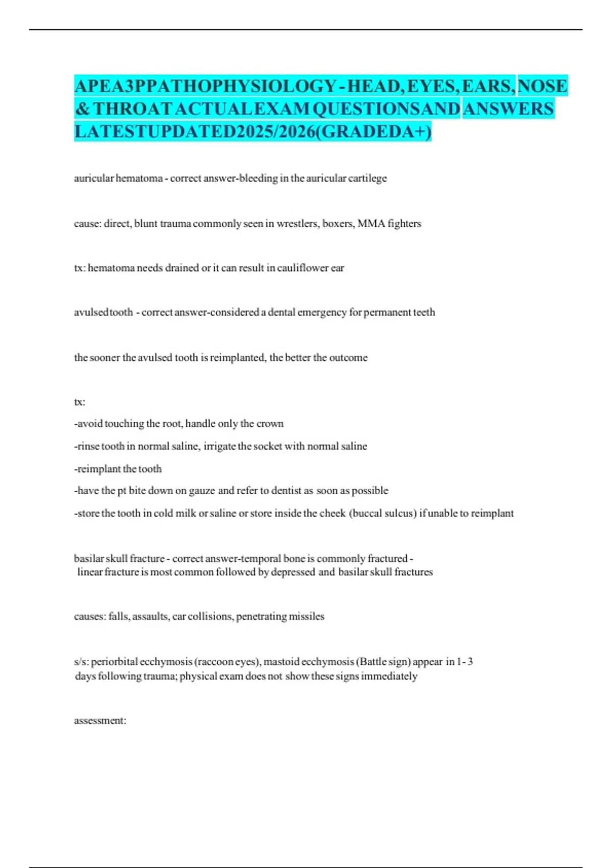 APEA 3P PATHOPHYSIOLOGY - HEAD, EYES, EARS, NOSE & THROAT ACTUAL EXAM ...