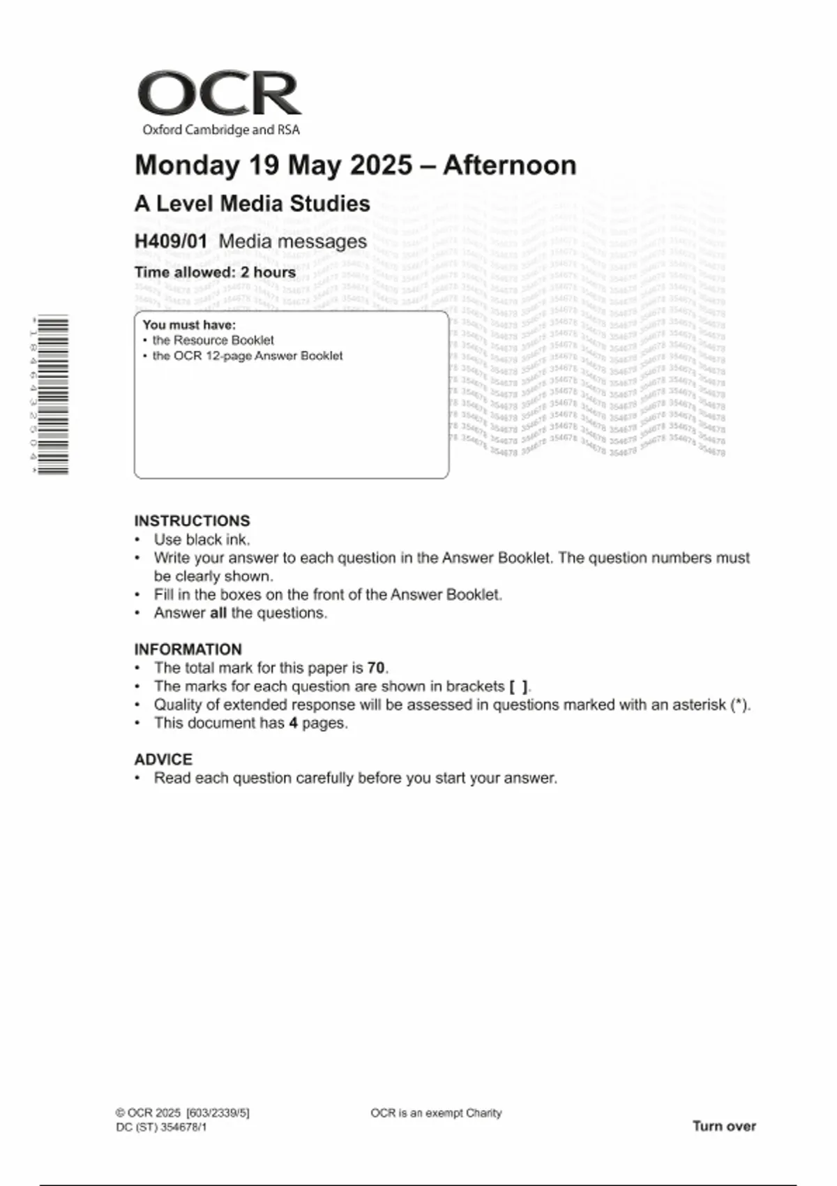 OCR A LEVEL MEDIA STUDIES PAPER 1 2025(H409/01:MEDIA MESSAGES) - OCR A ...