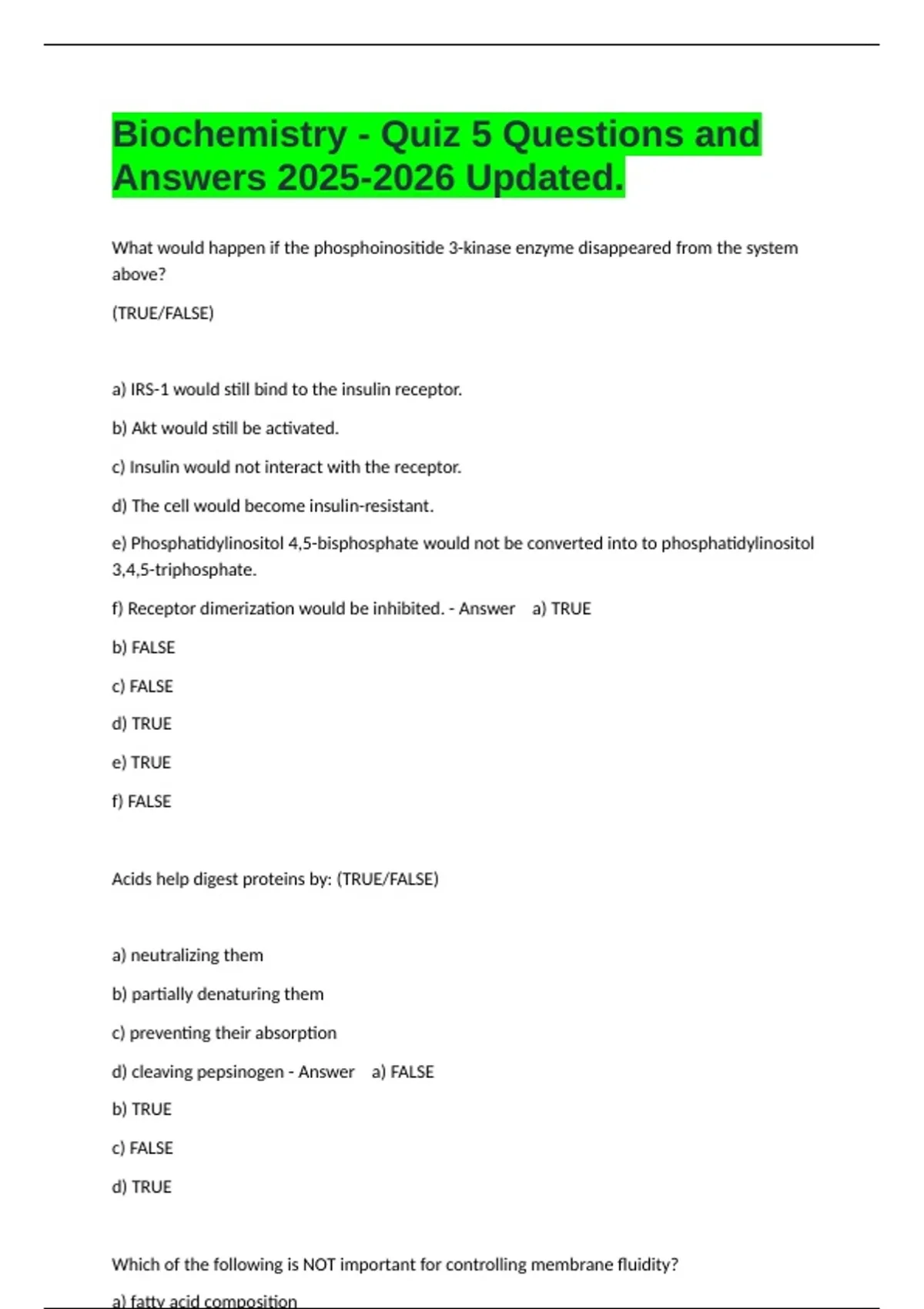 Biochemistry - Quiz 5 Questions and Answers Updated. - BIOCHEM 16034 ...