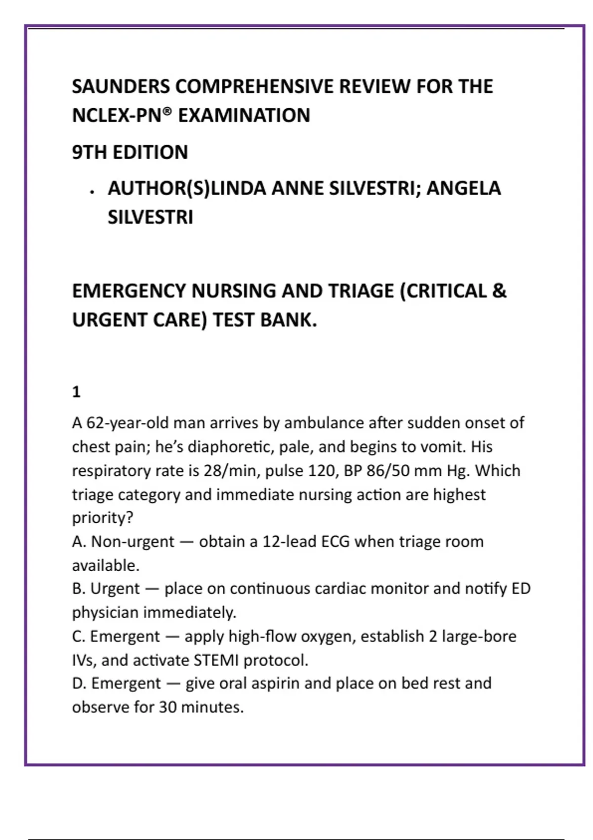 Saunders NCLEX-RN Emergency Nursing & Triage Test Bank | 2025 NGN ...