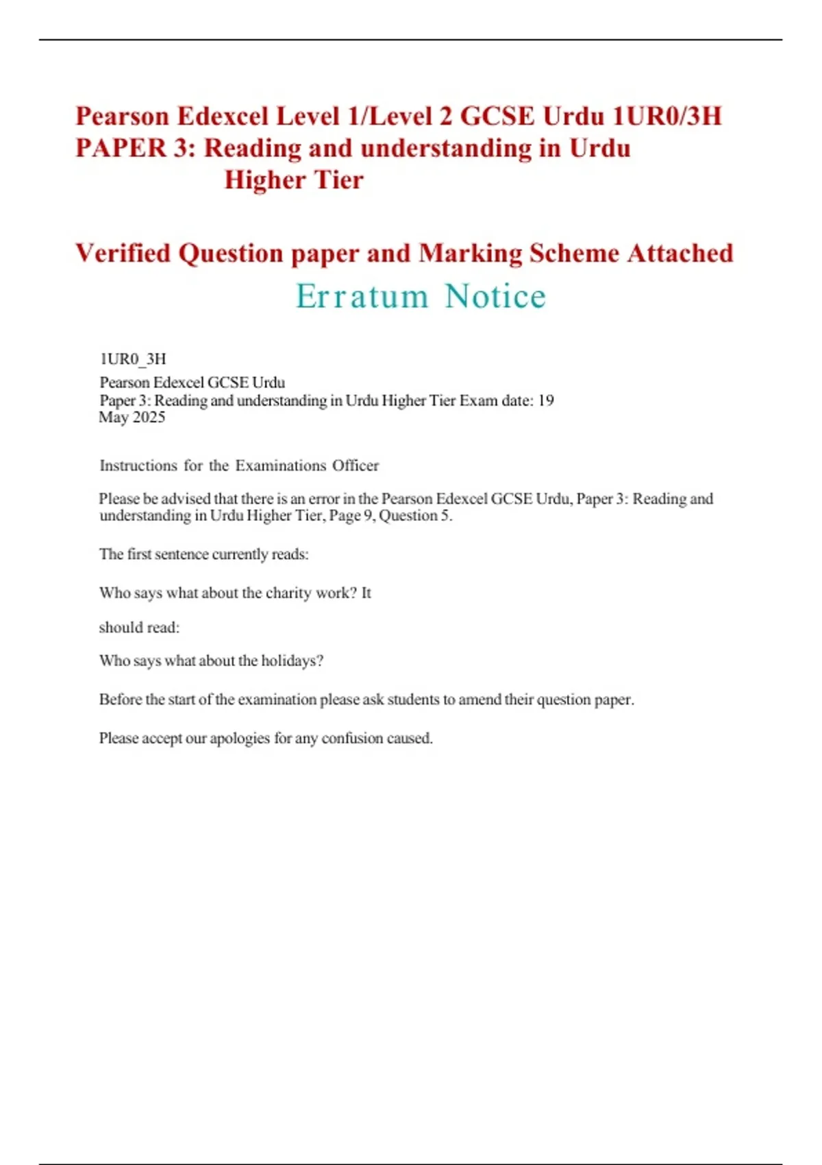 Pearson Edexcel Level 1/Level 2 GCSE Urdu 1UR0/3H PAPER 3: Reading and ...