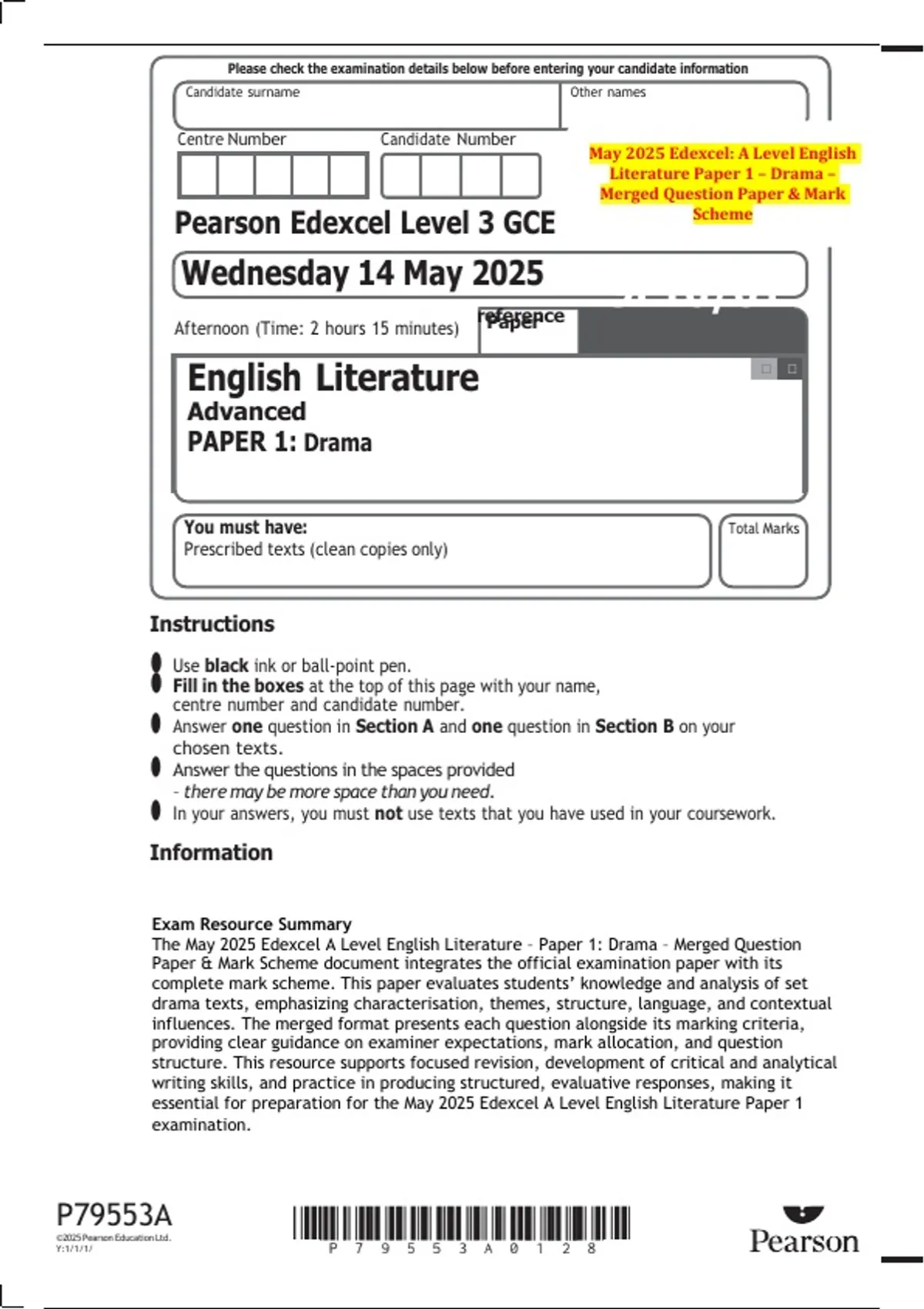 May 2025 Edexcel: A Level English Literature Paper 1 – Drama – Merged ...