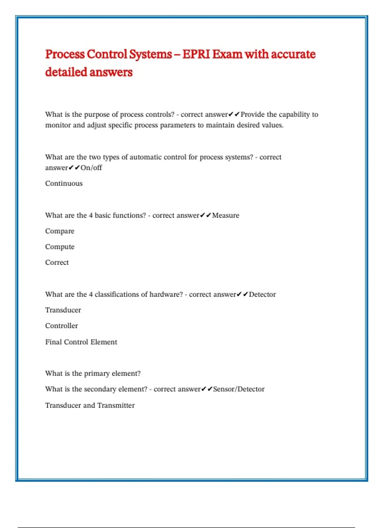 Process Control Systems – EPRI Exam with accurate detailed answers ...