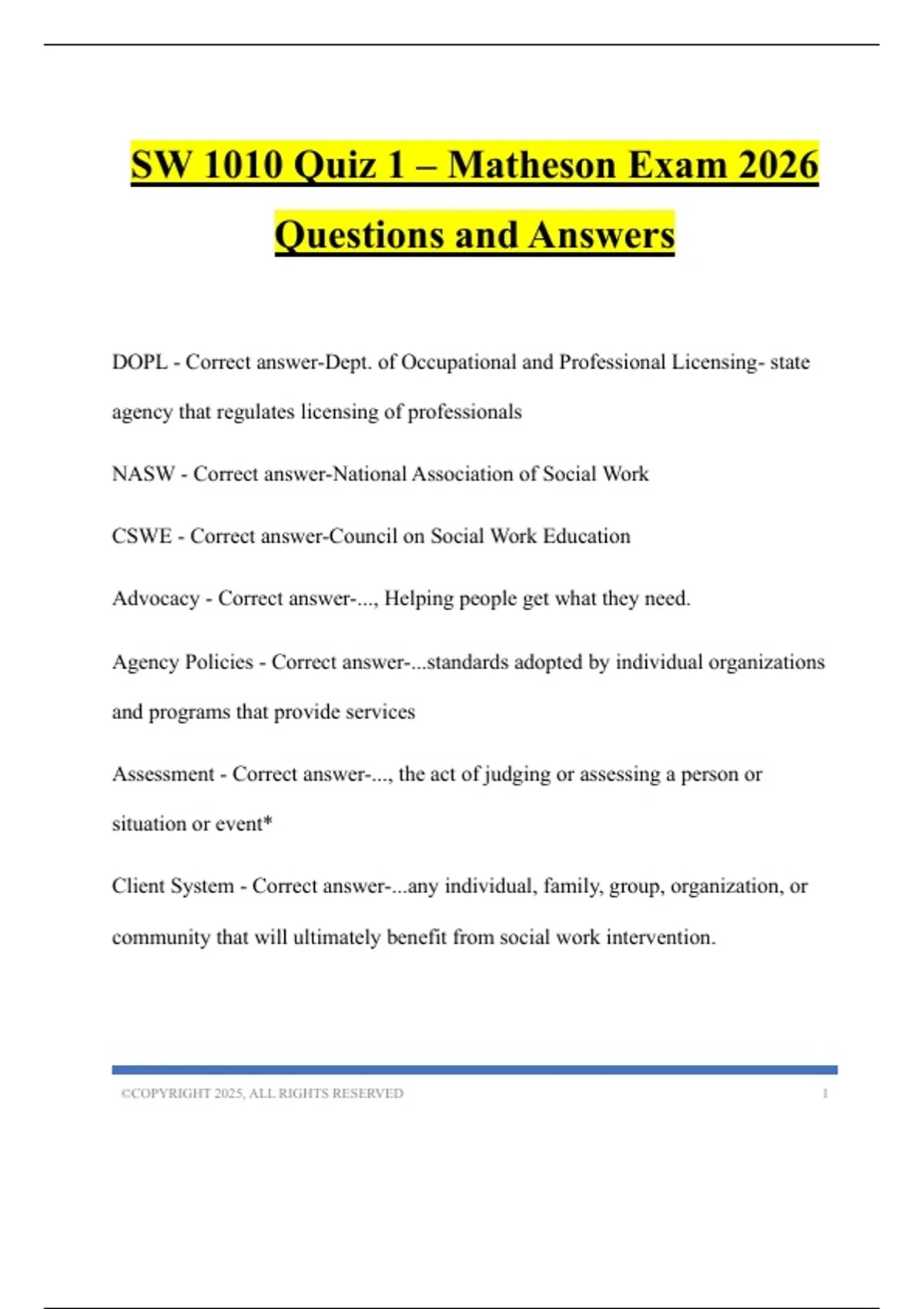SW 1010 Quiz 1 – Matheson Exam 2026 Questions and Answers - SRES ...