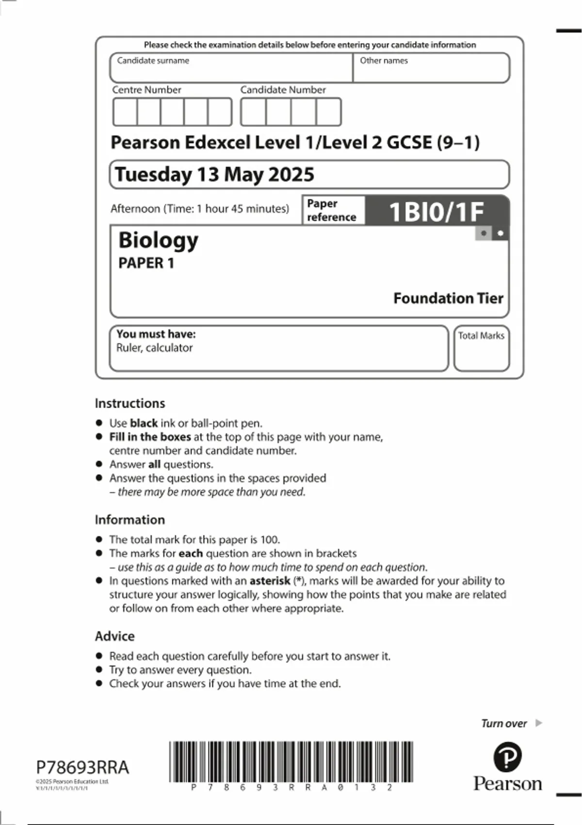 2025 Pearson Edexcel GCSE Biology PAPER 1 QUESTION PAPER (BI0/1F - 2025 ...