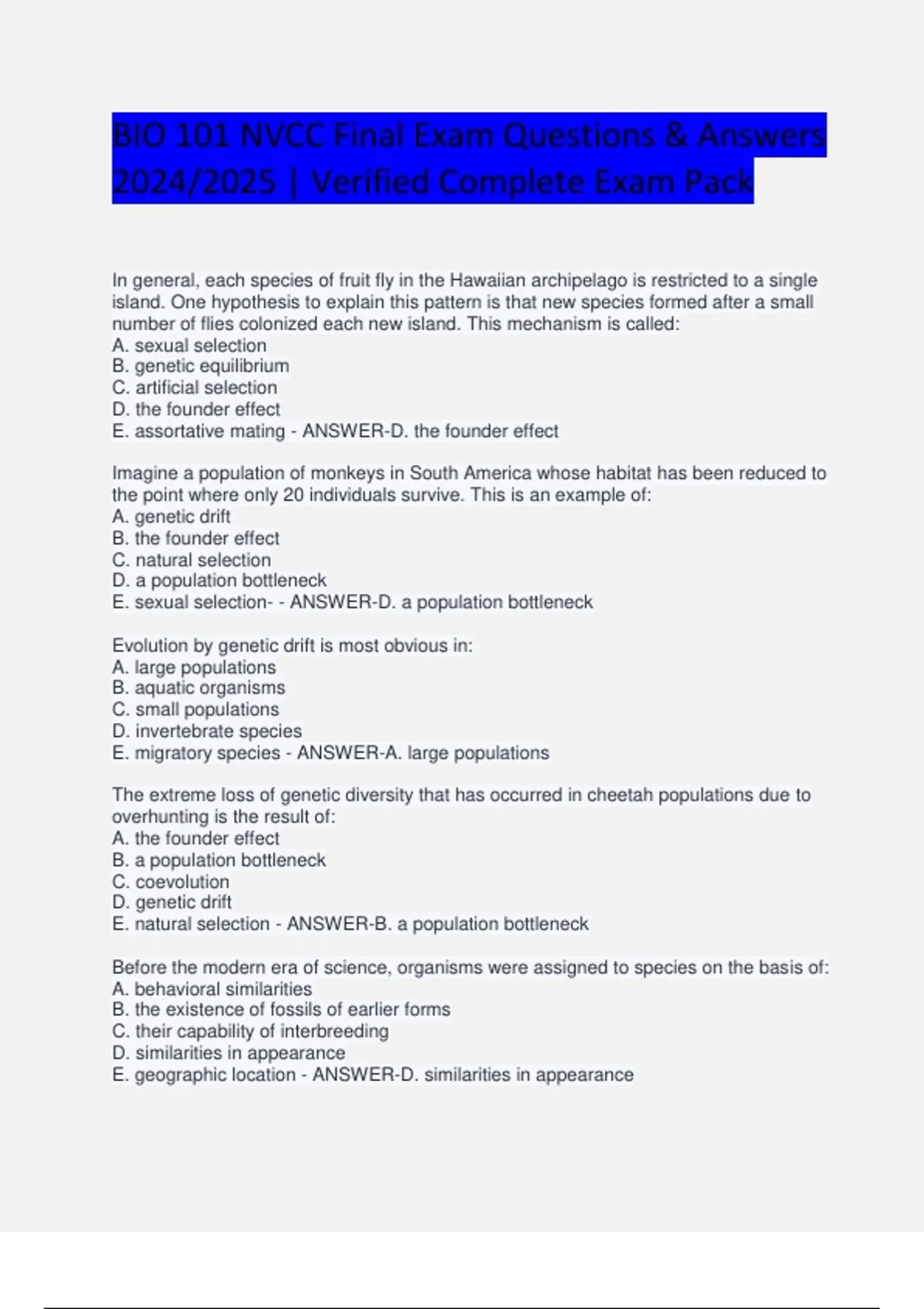 BIO 101 NVCC Final Exam Questions & Answers 2024/2025 | Verified ...