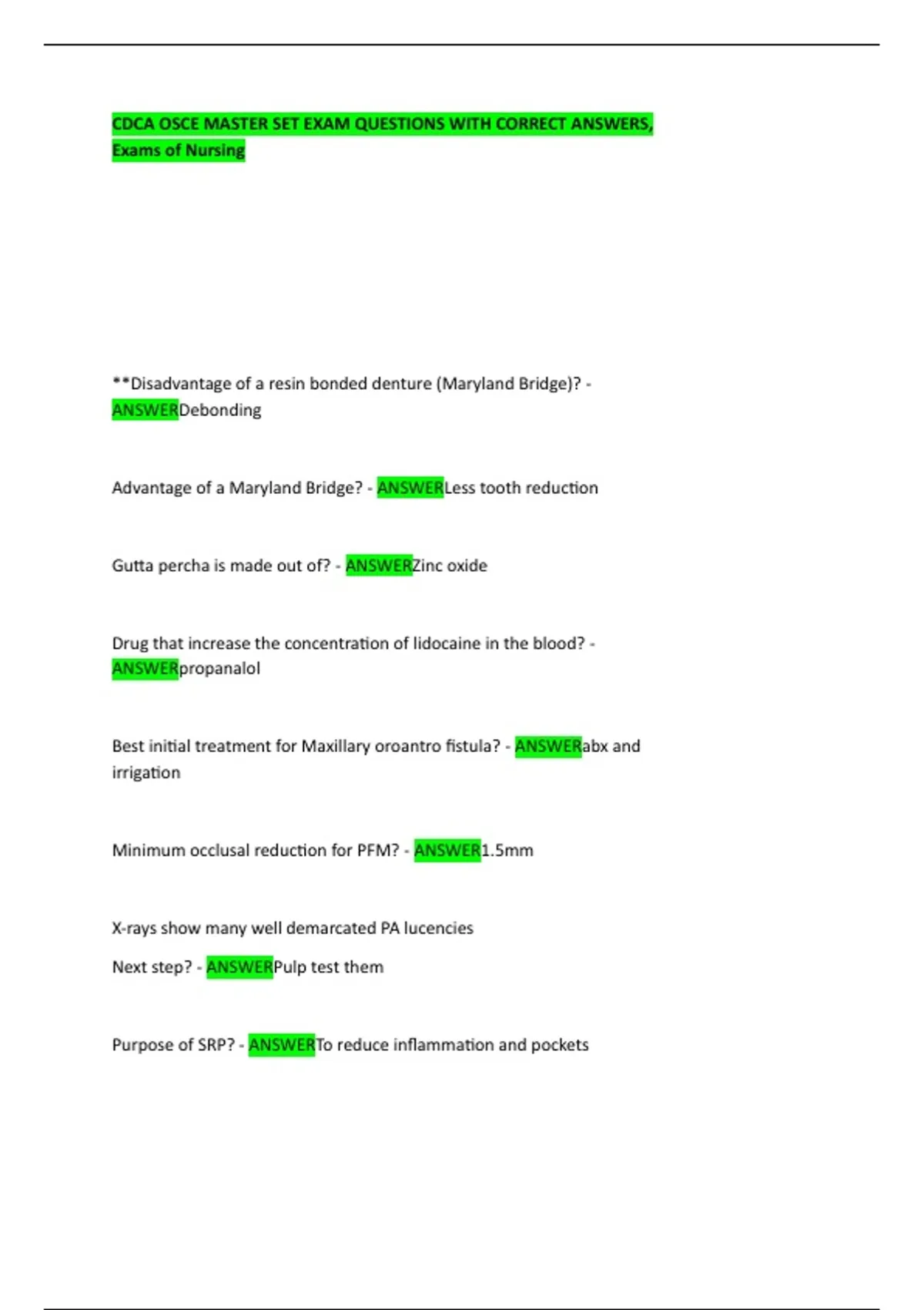 CDCA OSCE MASTER SET EXAM QUESTIONS WITH CORRECT ANSWERS, Exams of ...