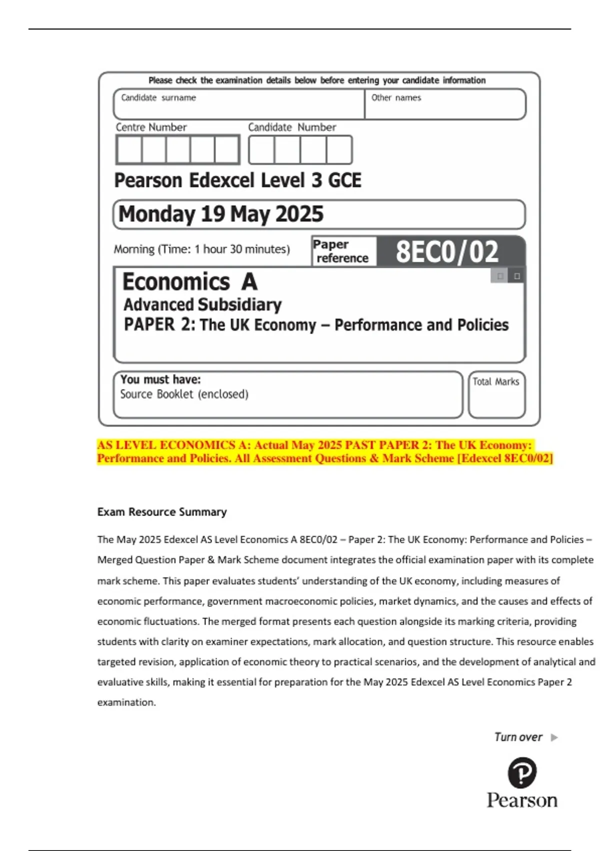 AS LEVEL ECONOMICS A: Actual May 2025 PAST PAPER 2: The UK Economy ...