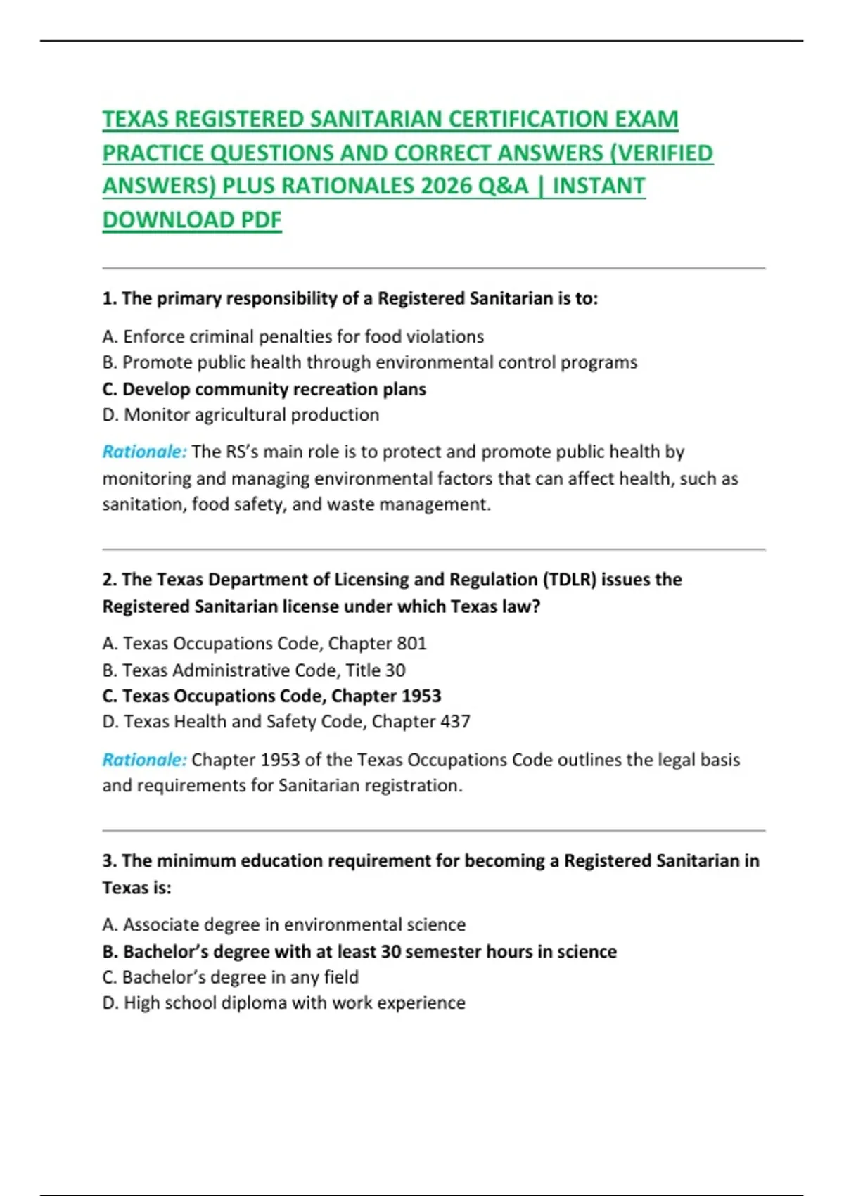 TEXAS REGISTERED SANITARIAN CERTIFICATION EXAM PRACTICE QUESTIONS AND ...