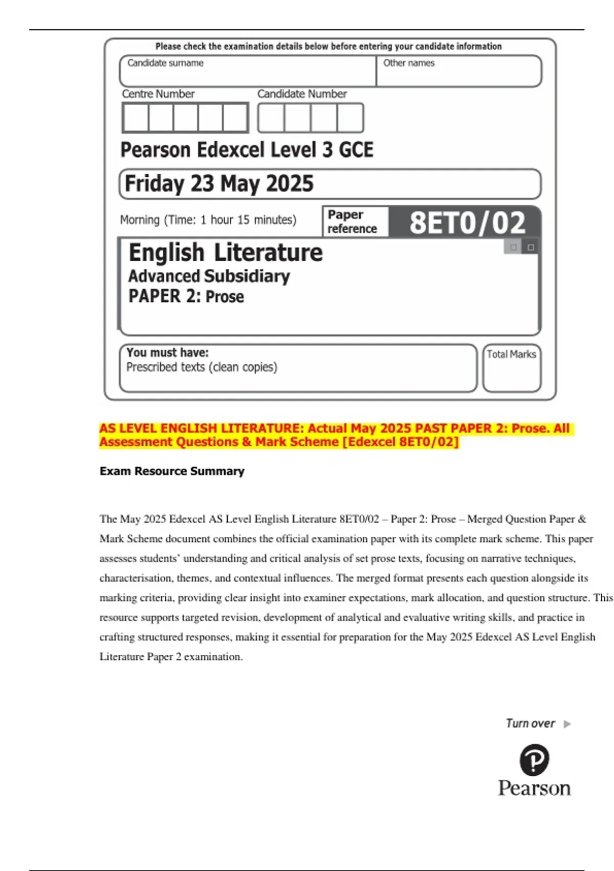 AS LEVEL ENGLISH LITERATURE: Actual May 2025 PAST PAPER 2: Prose. All ...