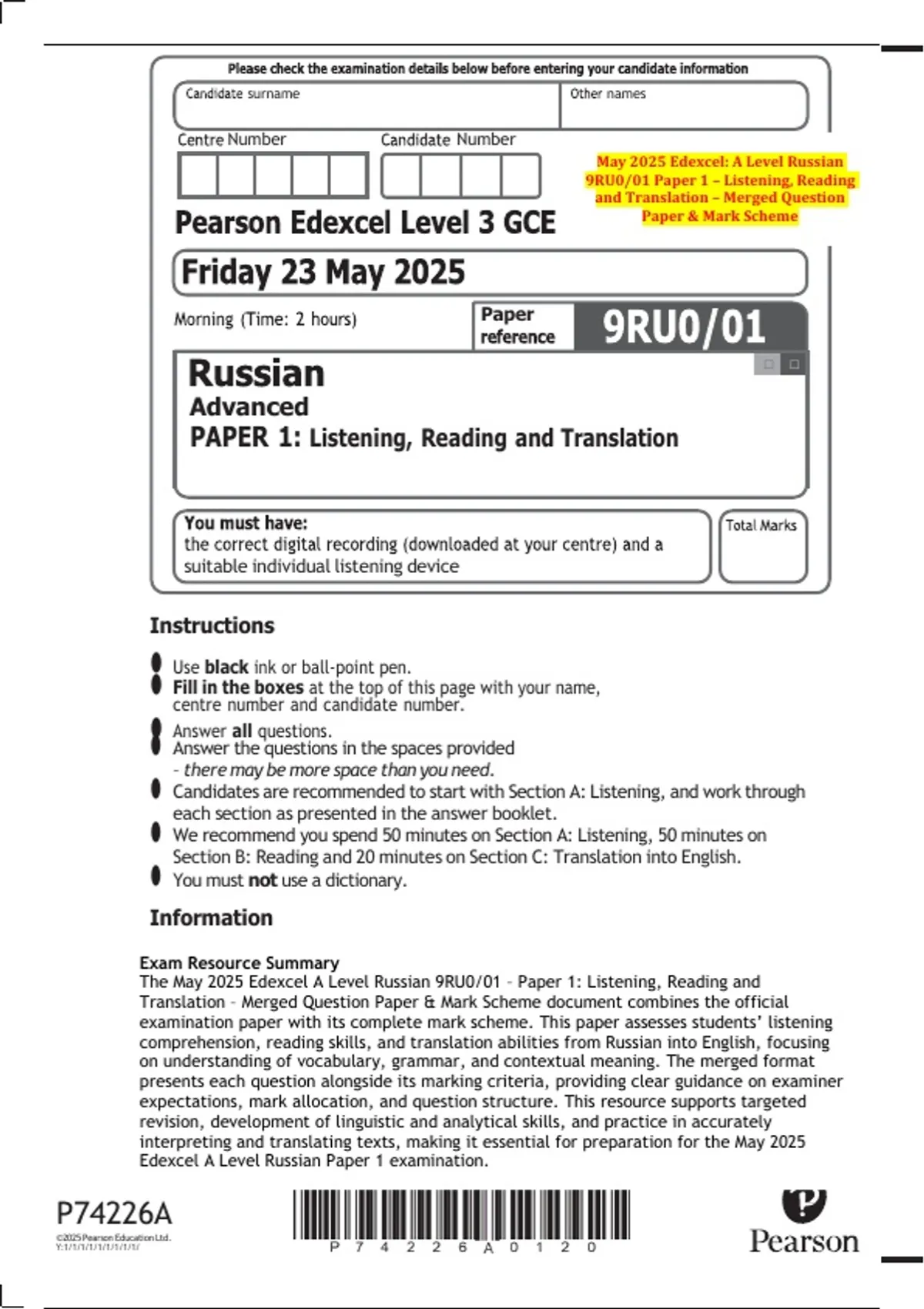 May 2025 Edexcel: A Level Russian 9RU0/01 Paper 1 – Listening, Reading ...