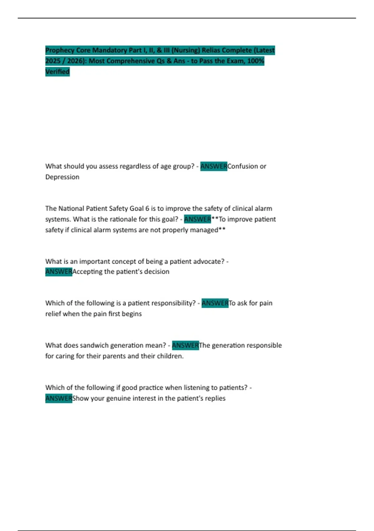 Prophecy Core Mandatory Part I, II, & III (Nursing) Relias Complete ...