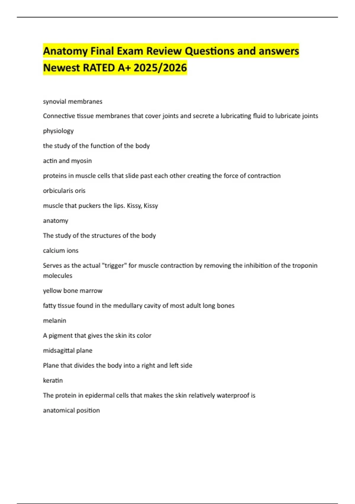 Anatomy Final Exam Review Questions and answers Newest RATED A+ 2025/ ...
