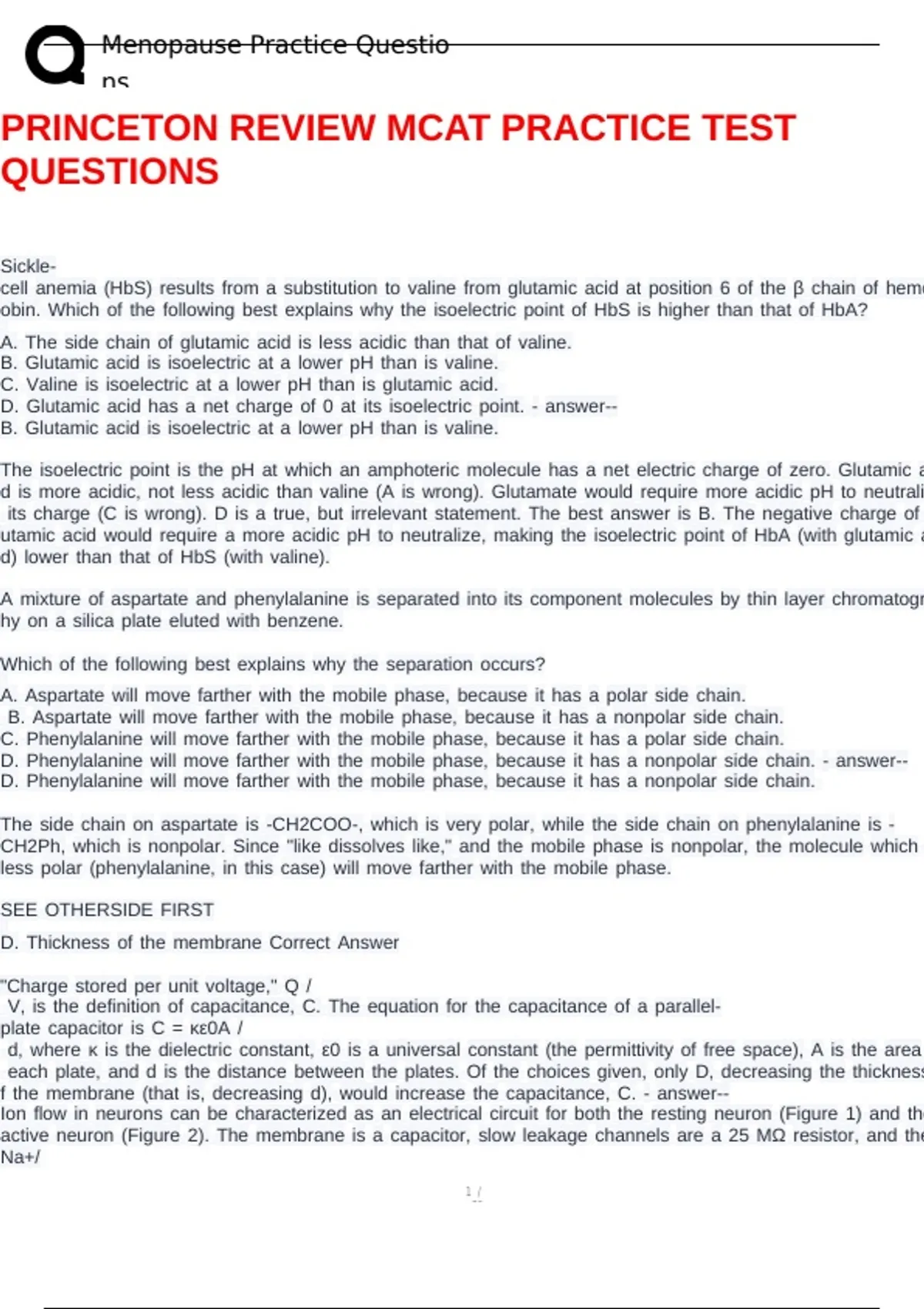 PRINCETON REVIEW MCAT PRACTICE TEST QUESTIONS - MCAT - Stuvia US