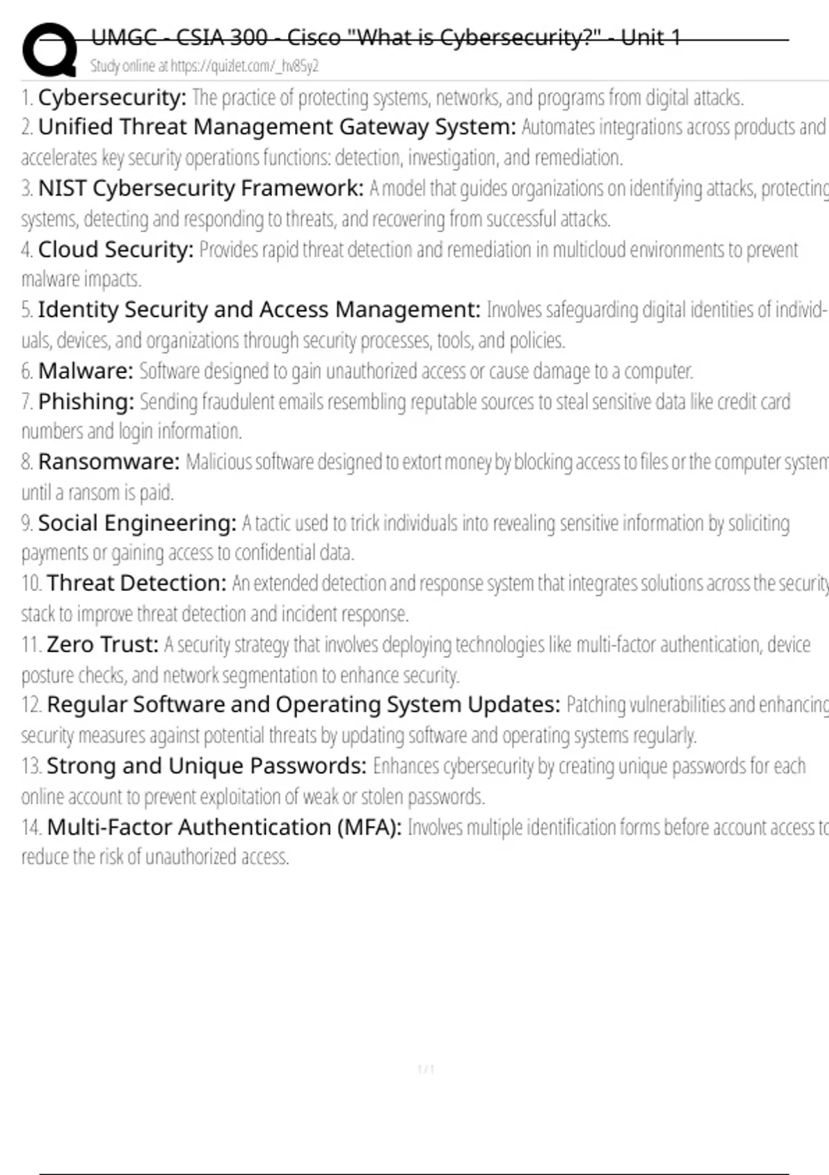 UMGC - CSIA 300 - Cisco "What is Cybersecurity?" - Unit 1 Exam ...