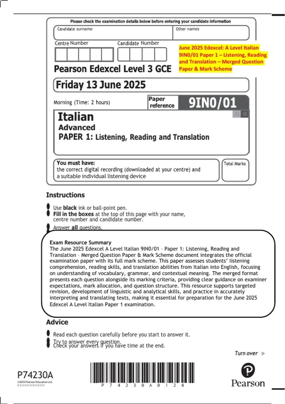 June 2025 Edexcel: A Level Italian 9IN0/01 Paper 1 – Listening, Reading ...