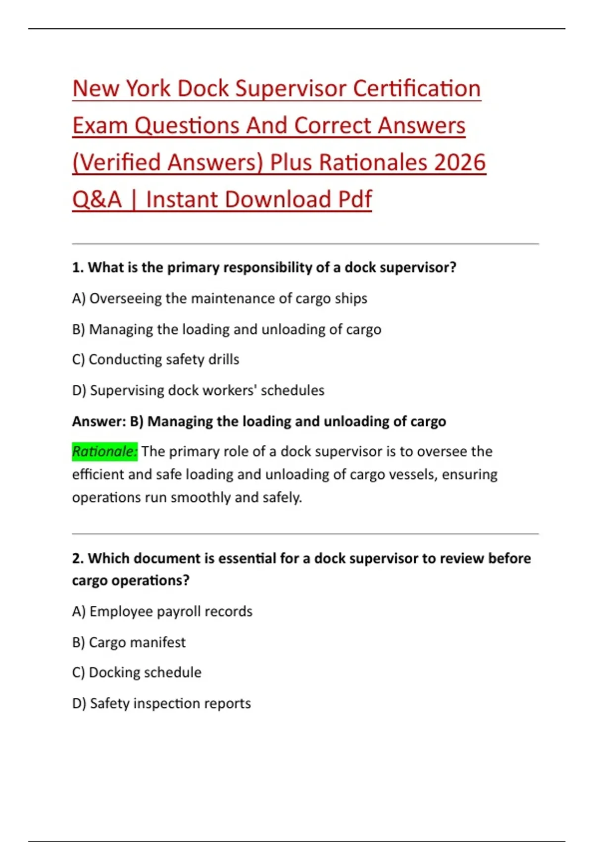 New York Dock Supervisor Certification Exam Questions And Correct ...