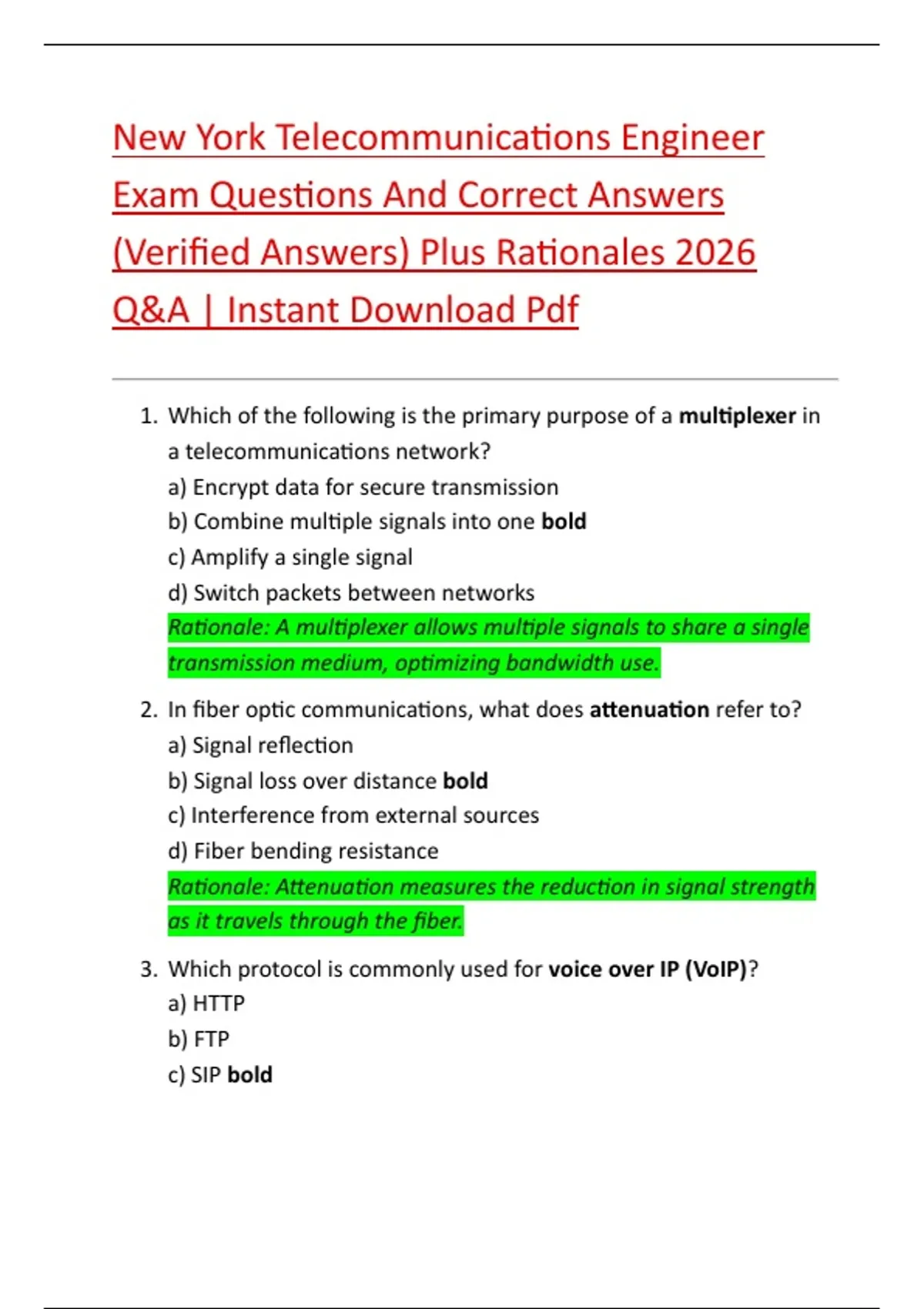 New York Telecommunications Engineer Exam Questions And Correct Answers (Verified Answers) Plus ...