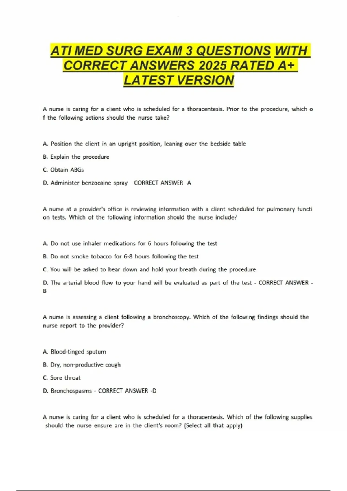 ATI MED SURG EXAM 3 QUESTIONS WITH CORRECT ANSWERS 2025 RATED A+ LATEST ...