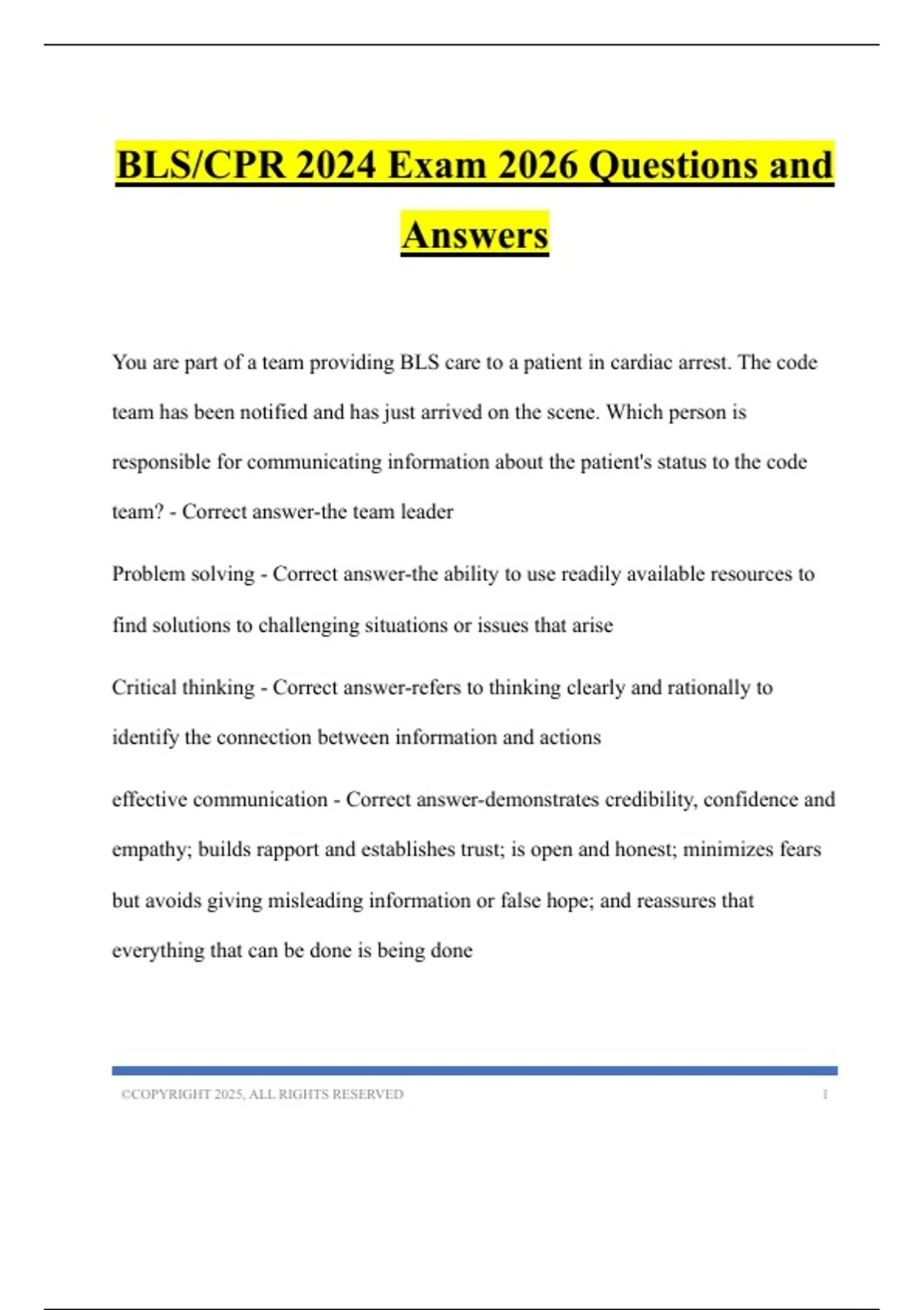 BLS/CPR 2024 Exam 2026 Questions and Answers - BLS CPR - Stuvia US
