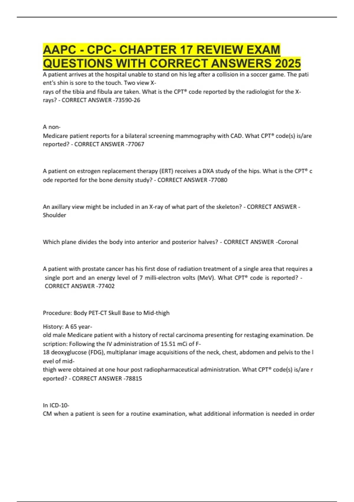 AAPC - CPC- CHAPTER 17 REVIEW EXAM QUESTIONS WITH CORRECT ANSWERS 2025 ...