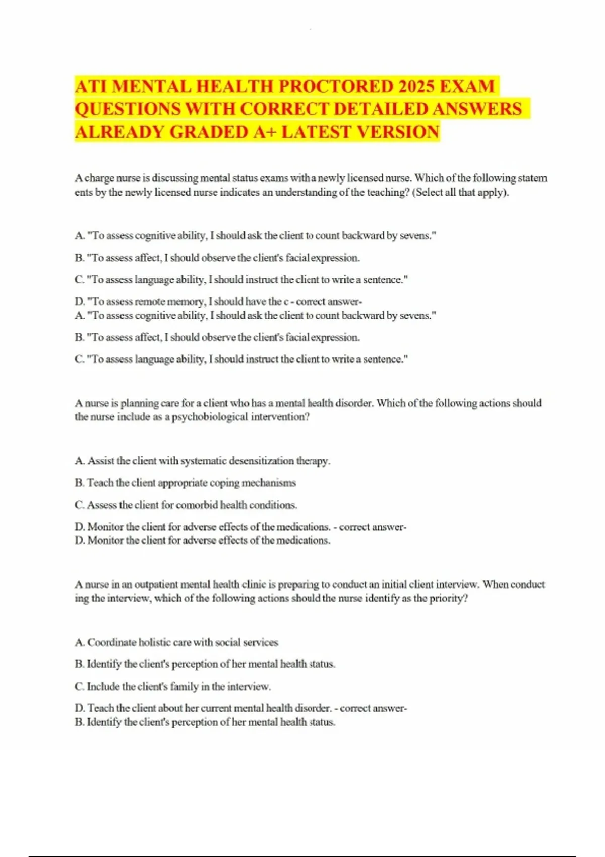 ATI MENTAL HEALTH PROCTORED EXAM REVIEW QUESTIONS WITH CORRECT ANSWERS ...