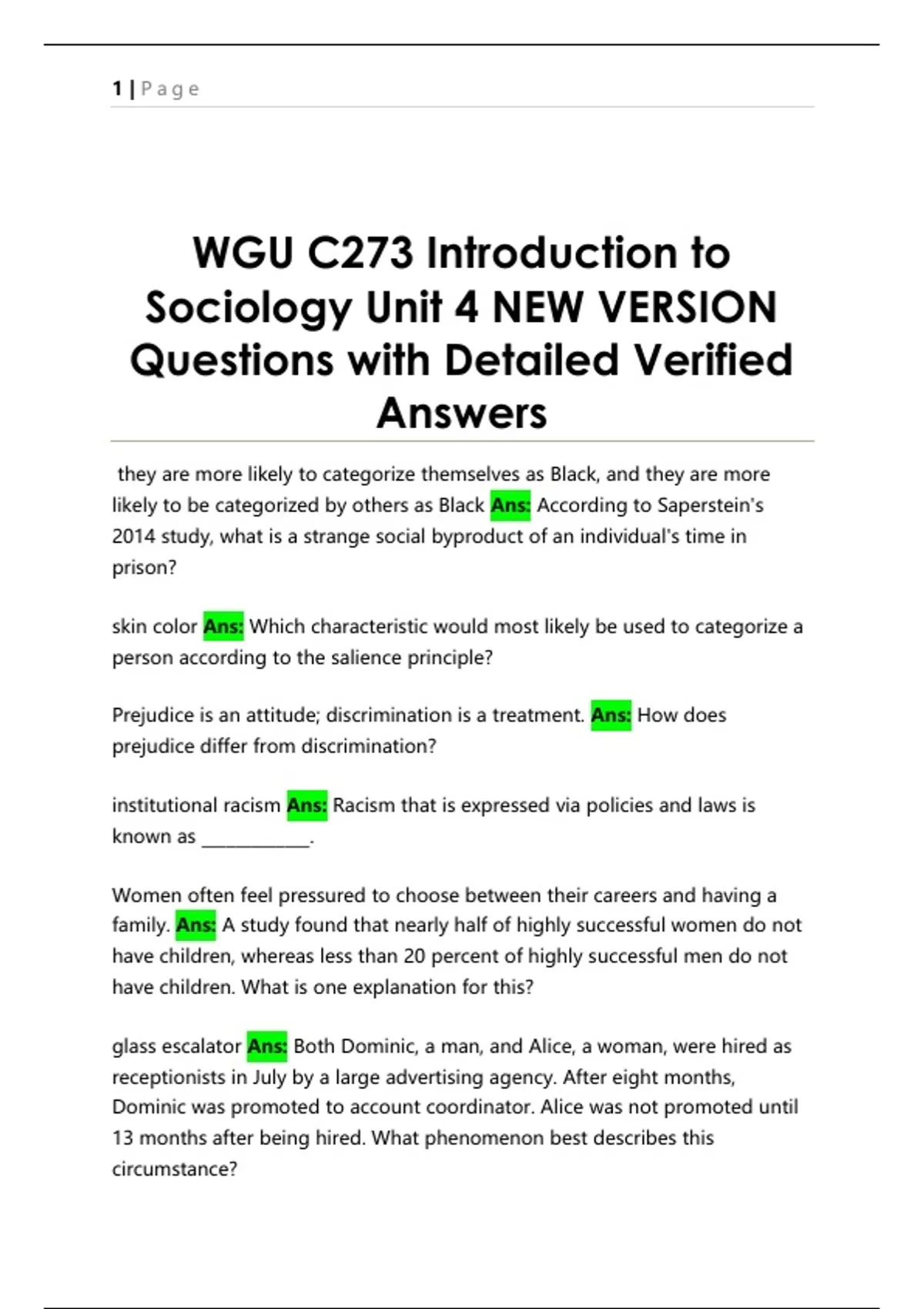 WGU C273 Introduction to Sociology Unit 4 NEW VERSION Questions with ...