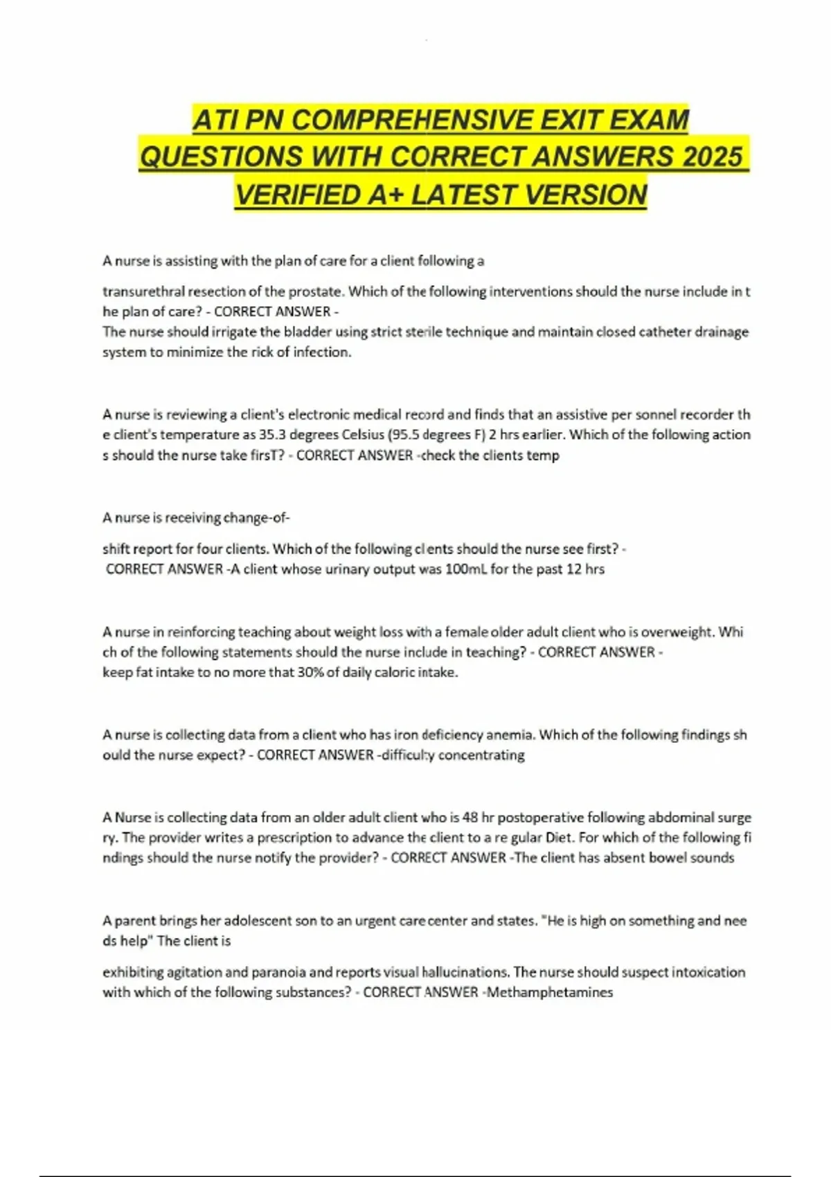 ATI PN COMPREHENSIVE EXIT EXAM QUESTIONS WITH CORRECT ANSWERS 2025 ...