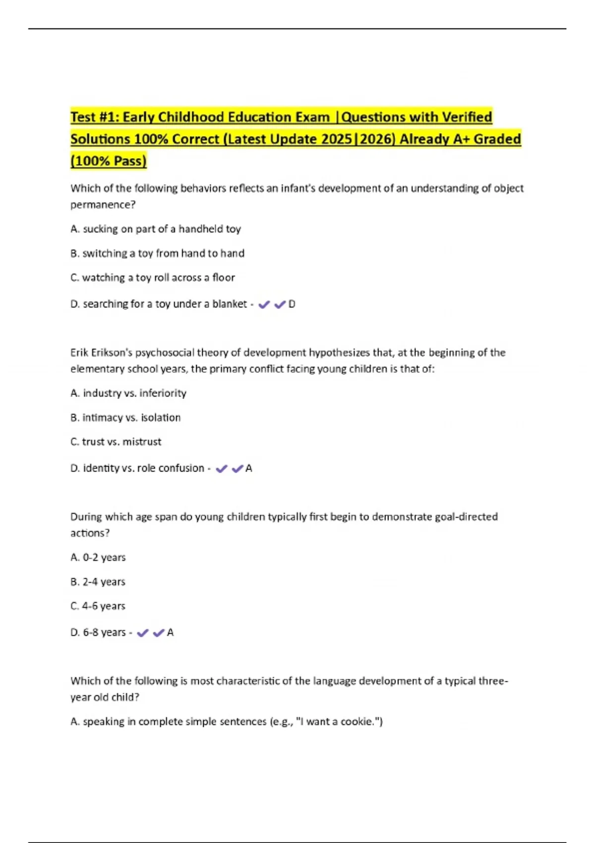 Test #1: Early Childhood Education Exam |Questions with Verified ...