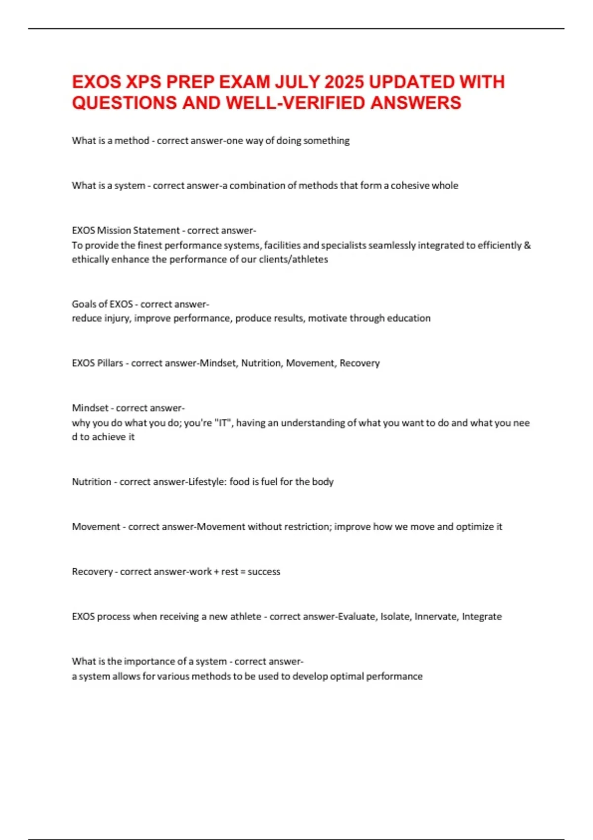 EXOS XPS PREP EXAM JULY 2025 UPDATED WITH QUESTIONS AND WELL-VERIFIED ...