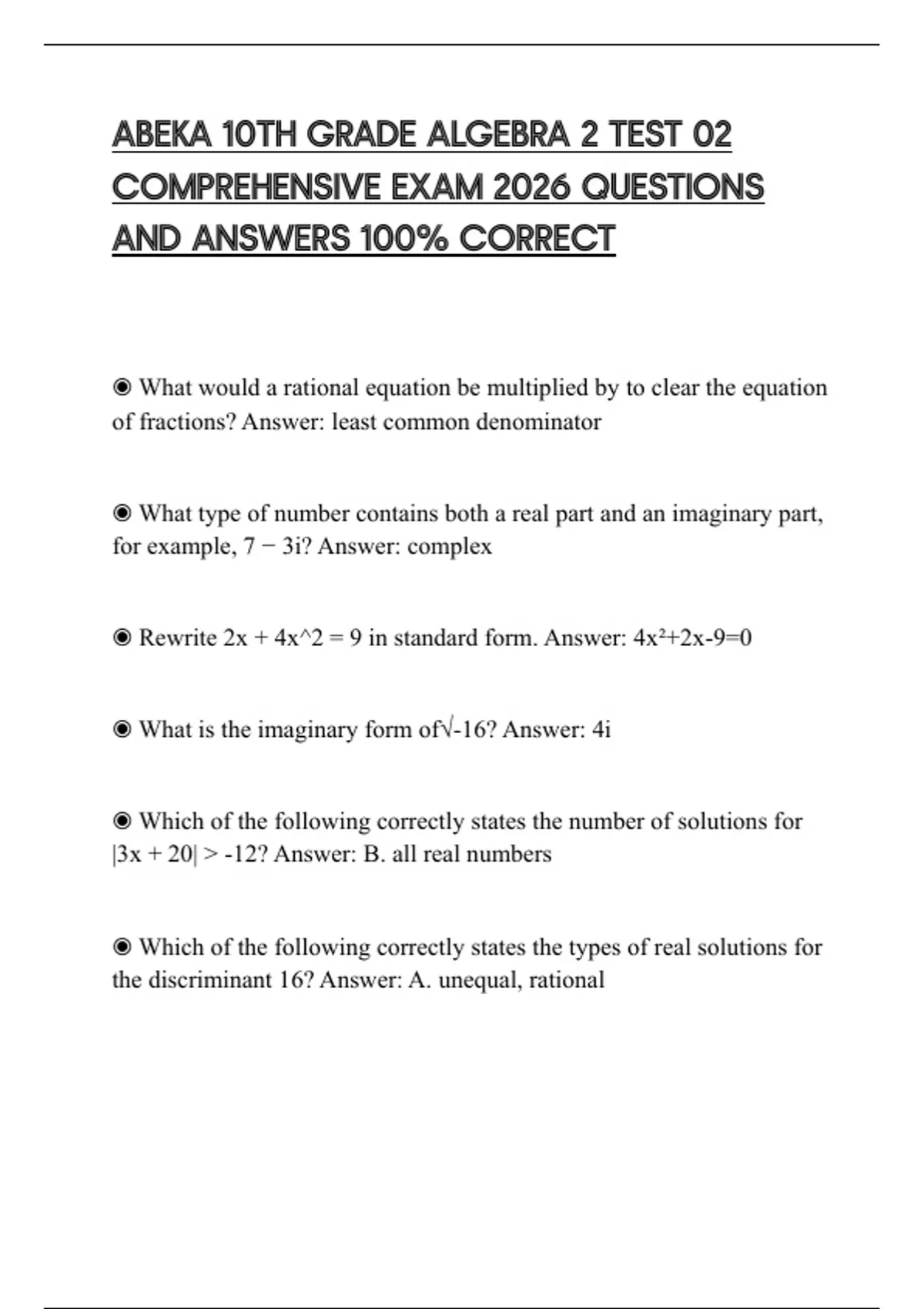 ABEKA 10TH GRADE ALGEBRA 2 TEST 02 COMPREHENSIVE EXAM 2026 QUESTIONS ...