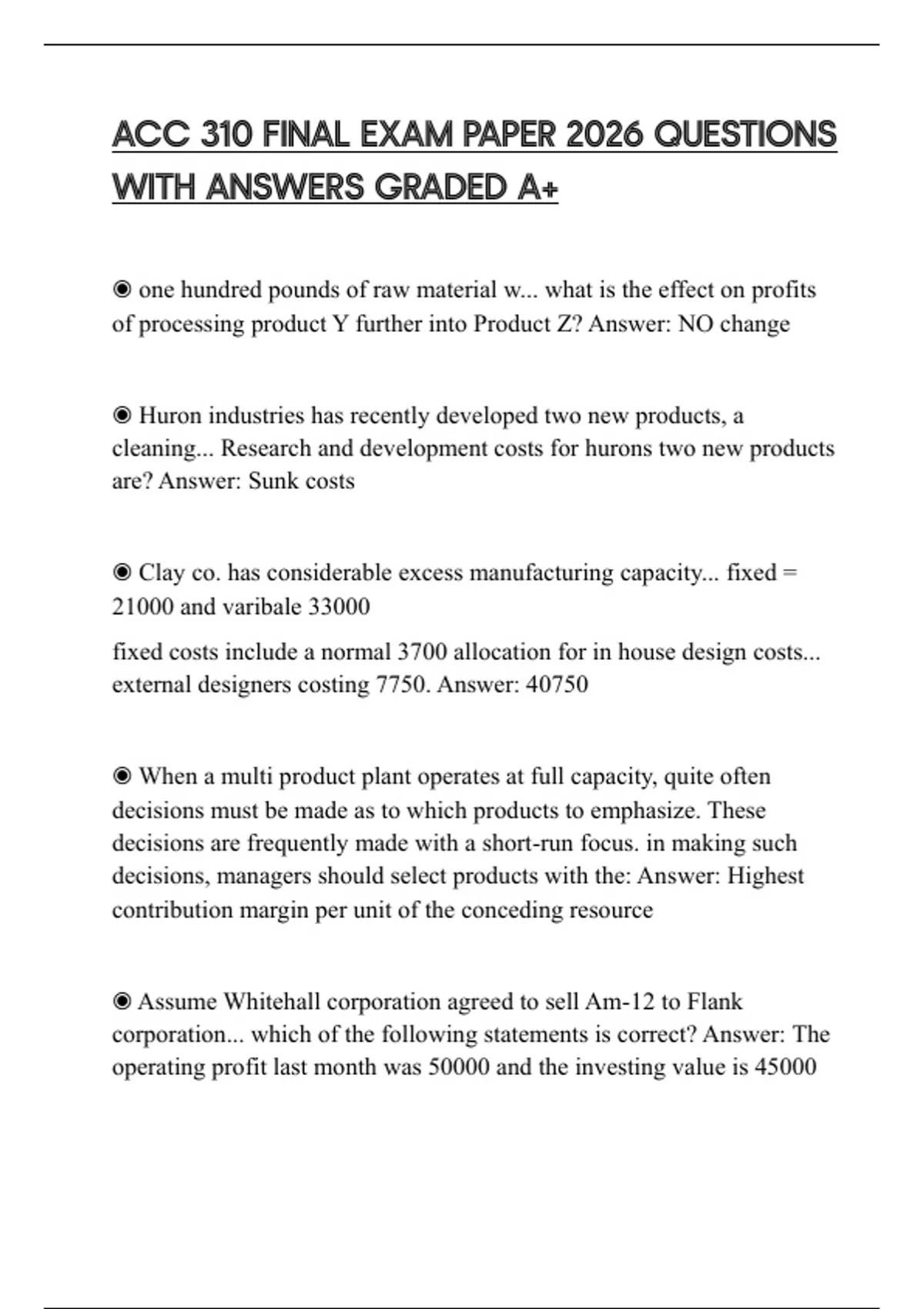 ACC 310 FINAL EXAM PAPER 2026 QUESTIONS WITH ANSWERS GRADED A+ - ACC ...