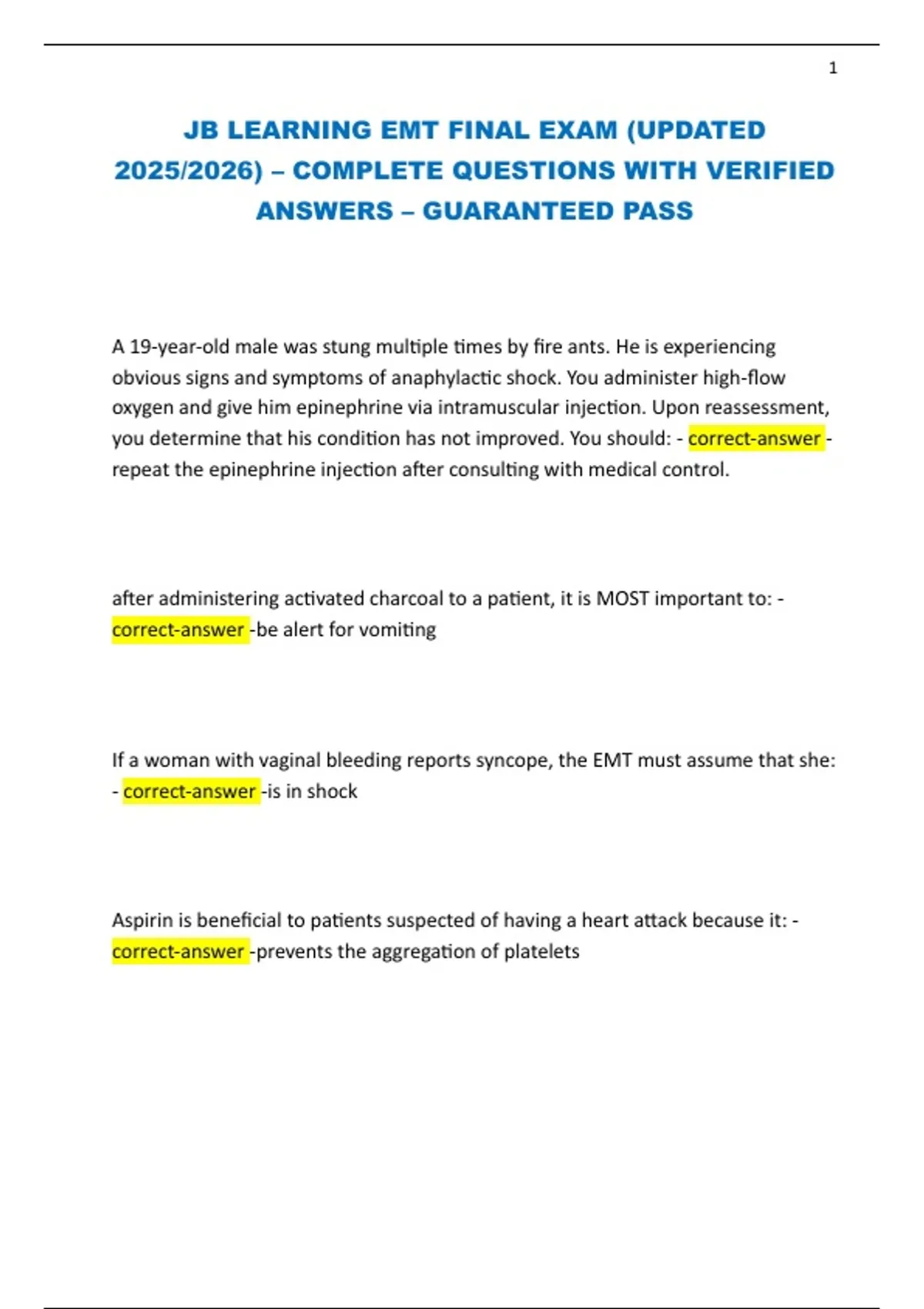 JB LEARNING EMT FINAL EXAM (UPDATED 2025/2026) – COMPLETE QUESTIONS ...