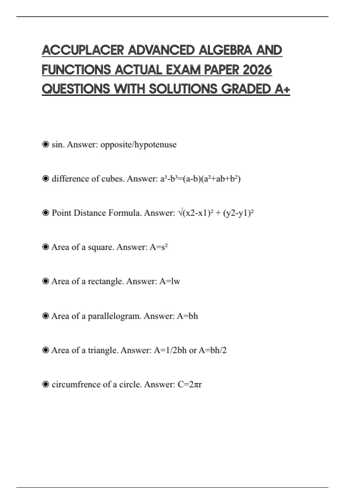 ACCUPLACER ADVANCED ALGEBRA AND FUNCTIONS ACTUAL EXAM PAPER 2026 ...