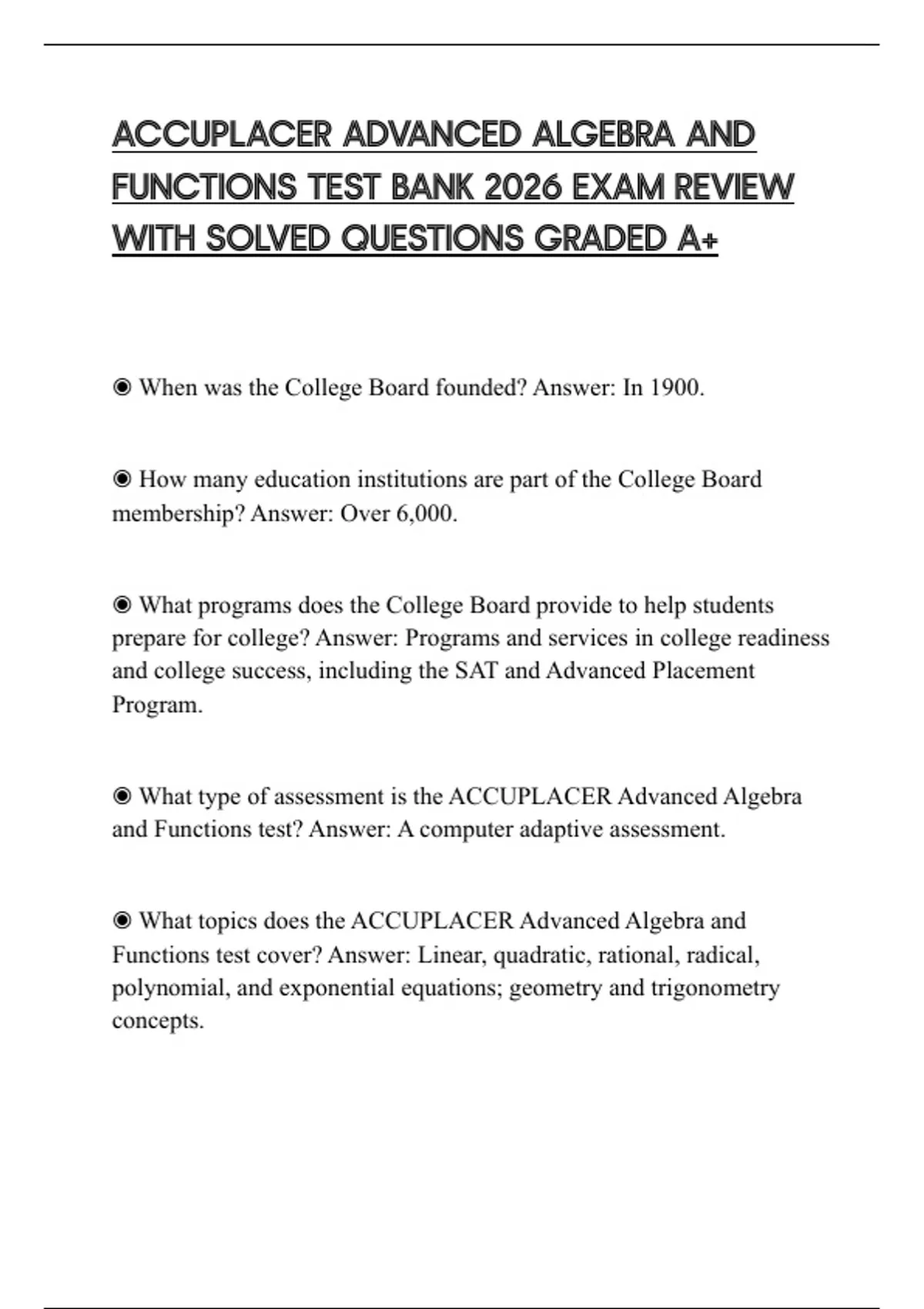 ACCUPLACER ADVANCED ALGEBRA AND FUNCTIONS TEST BANK 2026 EXAM REVIEW ...