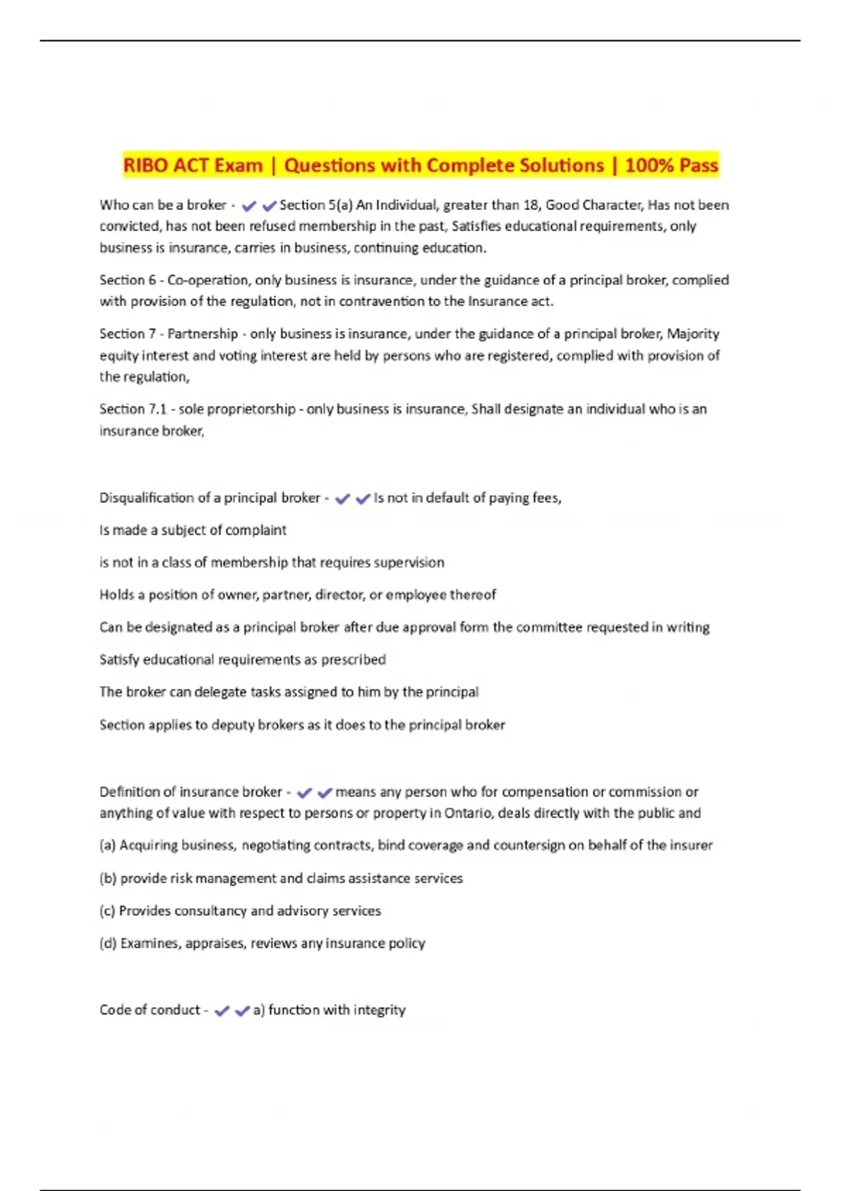 RIBO ACT Exam | Questions with Complete Solutions | 100% Pass - RIBO ...