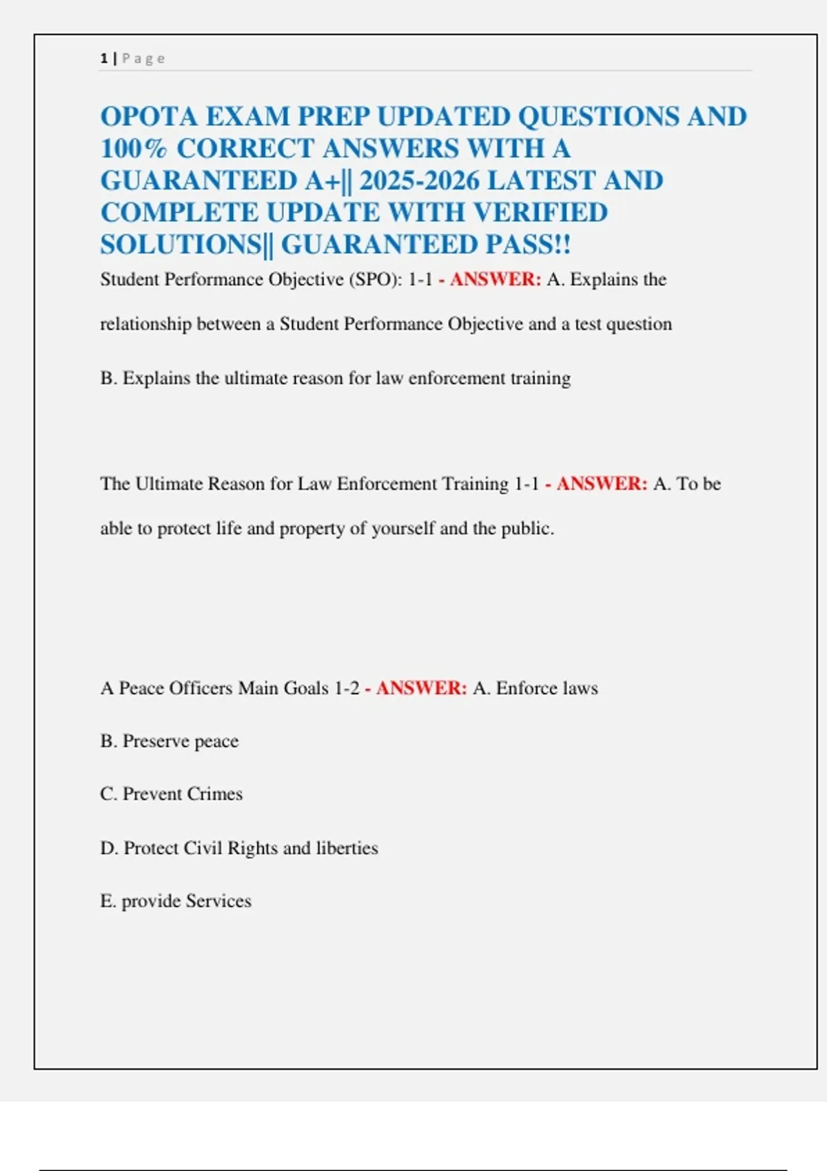 OPOTA EXAM PREP UPDATED QUESTIONS AND 100% CORRECT ANSWERS WITH A ...