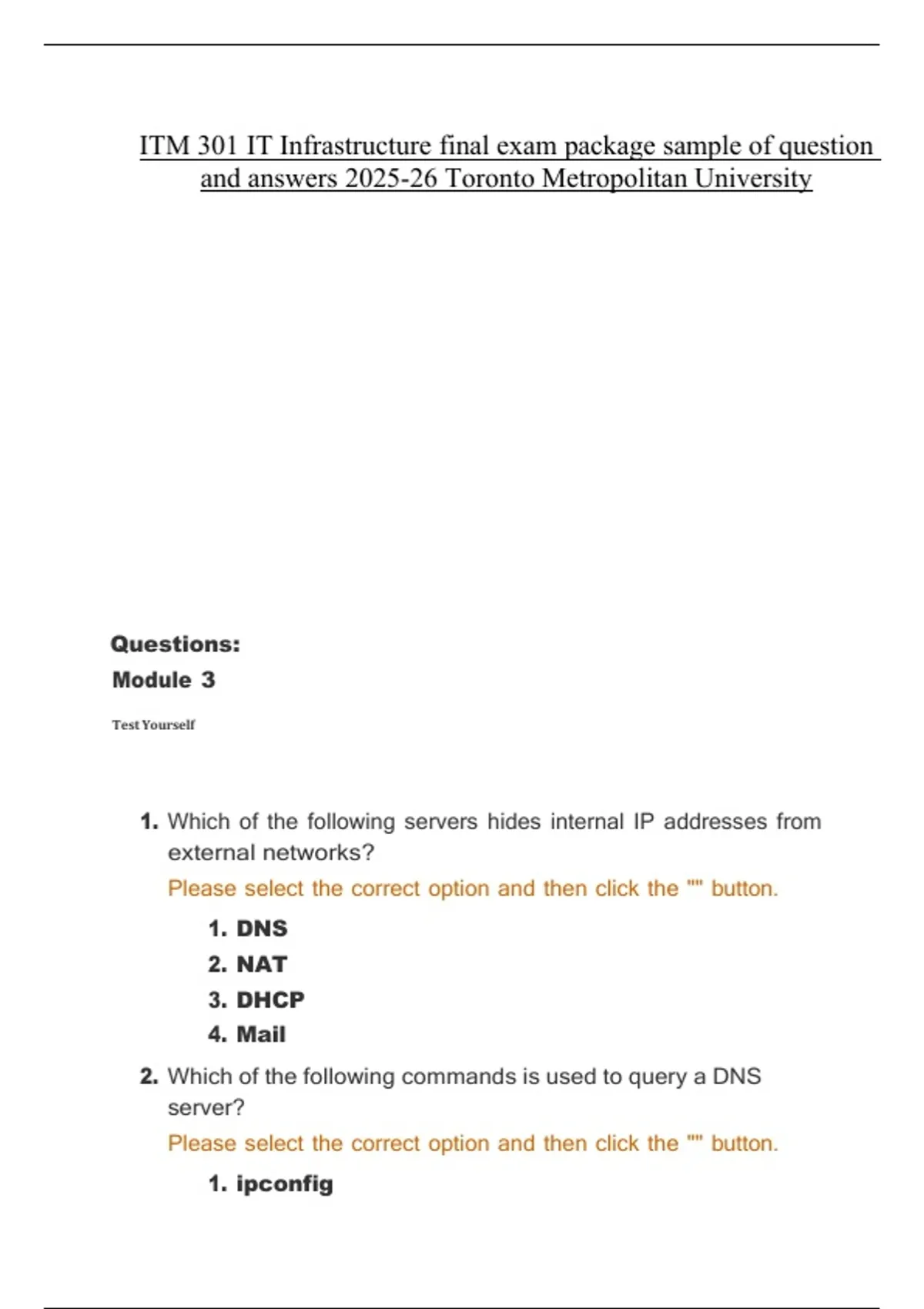 ITM 301 IT Infrastructure final exam package sample of question and ...