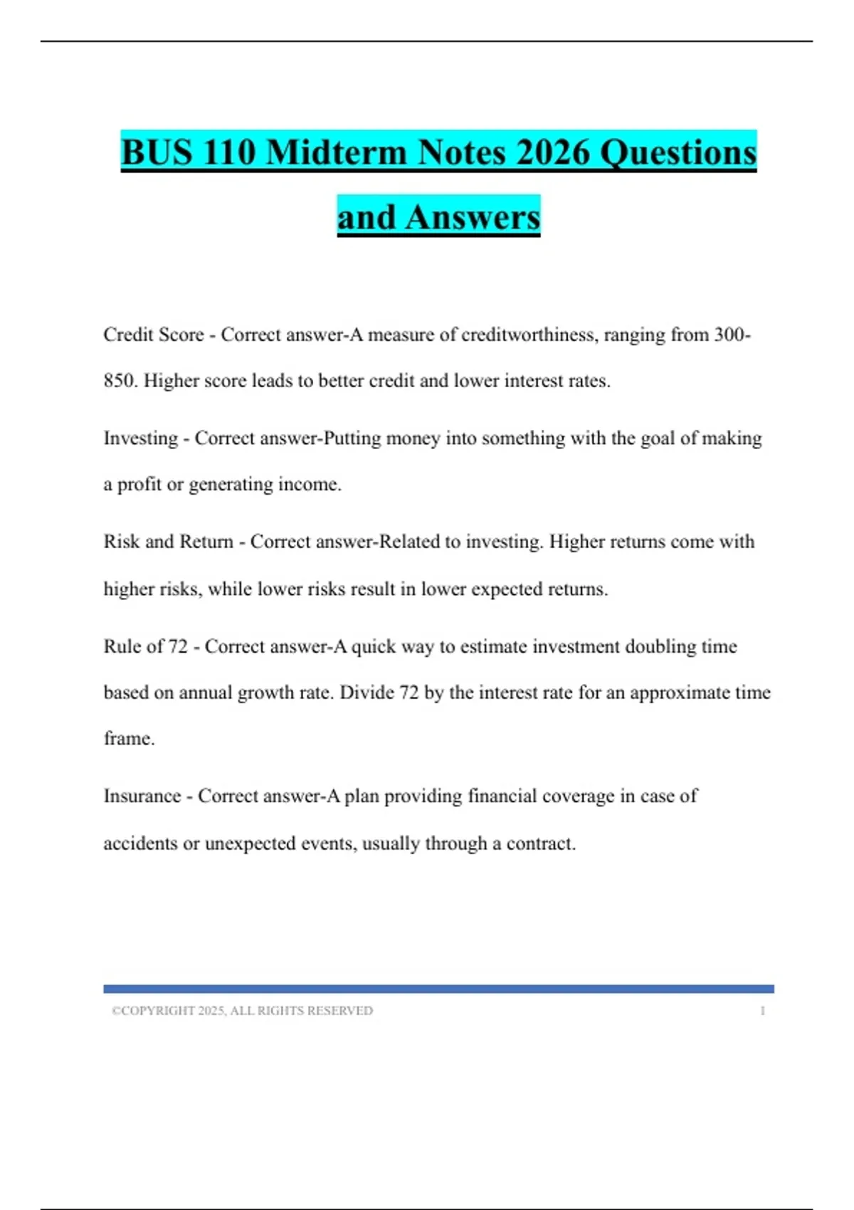 BUS 110 Midterm Notes 2026 Questions and Answers - BUS 345 - Stuvia US