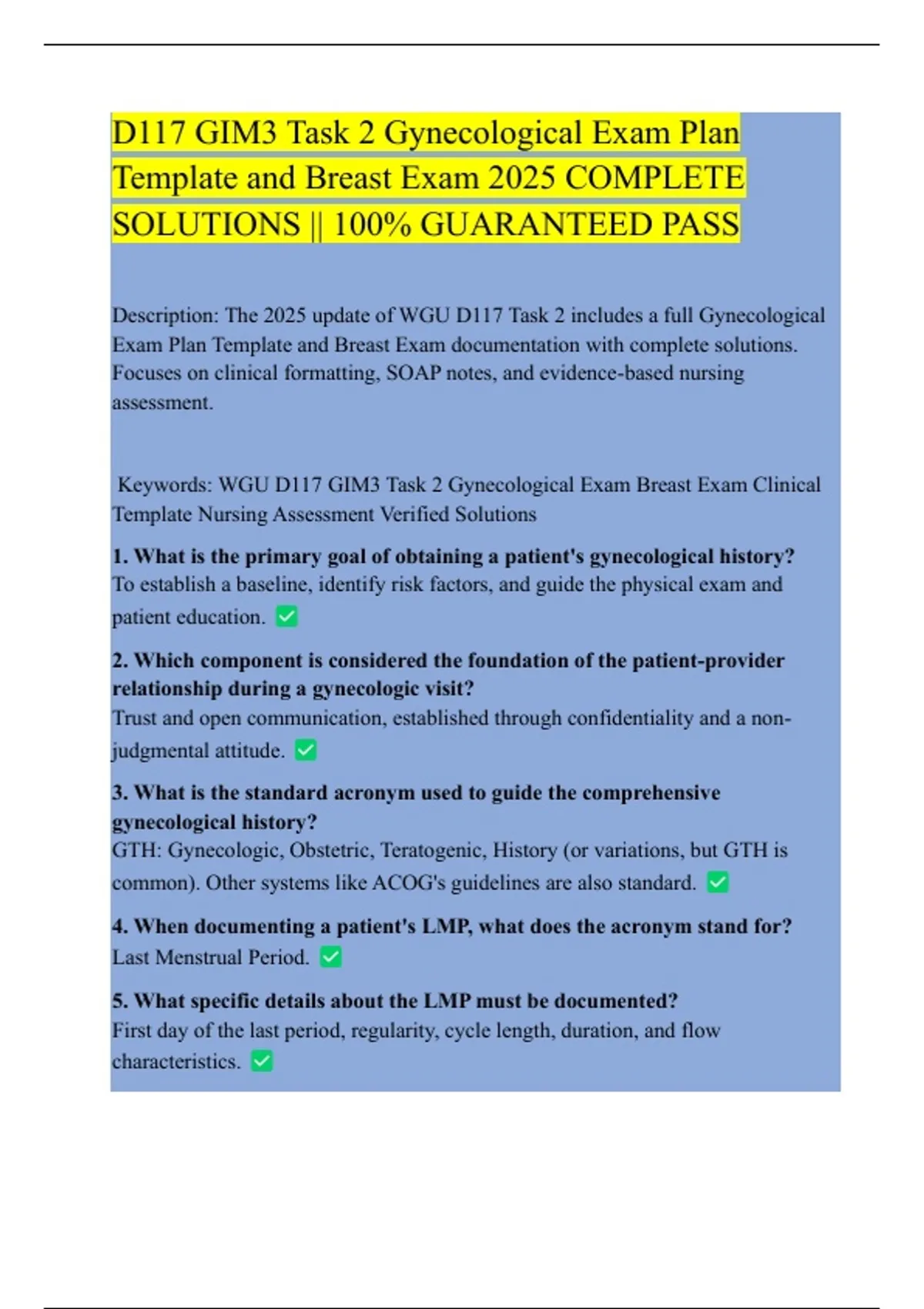 WGU D117 GIM3 Task 2 Gynecological Exam Plan Template and Breast Exam 2025 COMPLETE SOLUTIONS ...