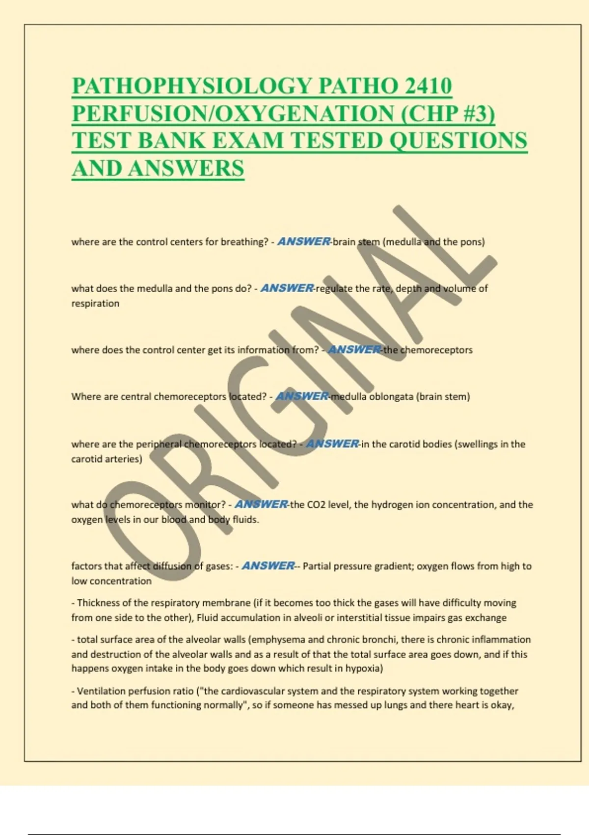 PATHOPHYSIOLOGY PATHO 2410 PERFUSION/OXYGENATION (CHP #3) TEST BANK ...