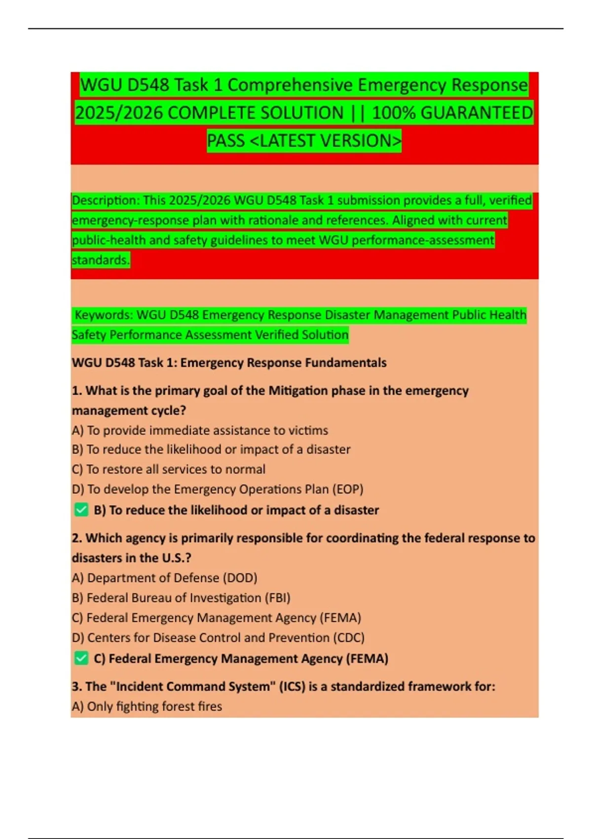 WGU D548 Task 1 Comprehensive Emergency Response 2025/2026 COMPLETE ...