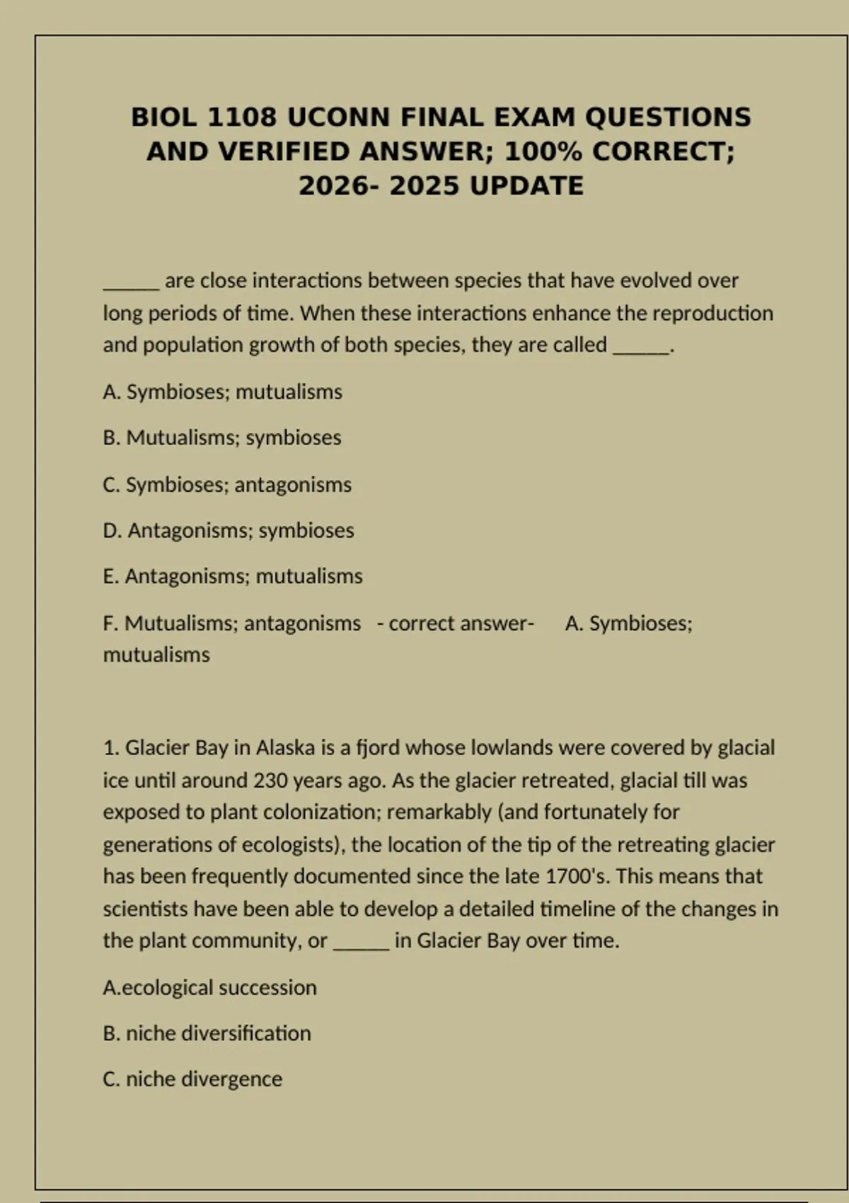 Biol 1108 UCONN Final Exam questions and verified answer; 100- correct ...