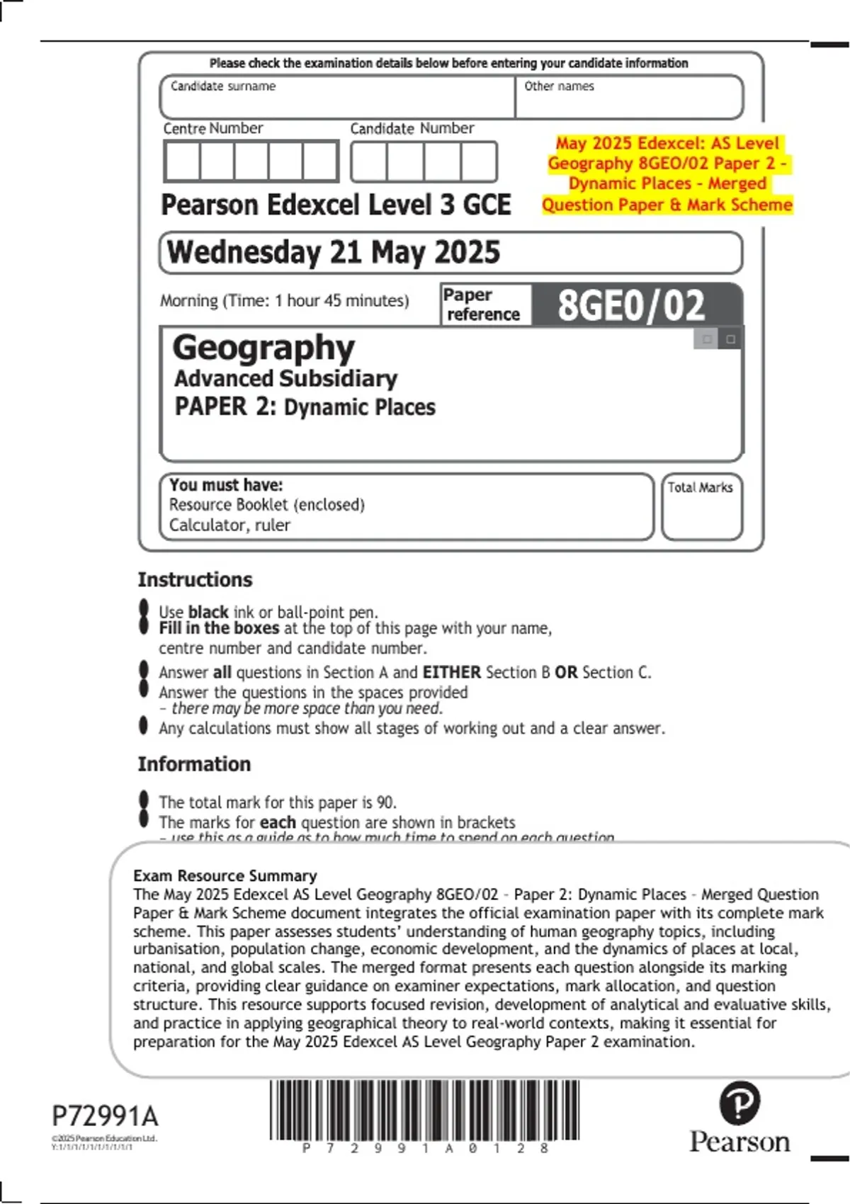 May 2025 Edexcel: AS Level Geography 8GEO/02 Paper 2 – Dynamic Places ...