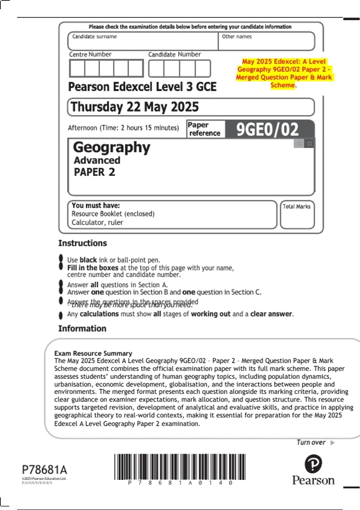 May 2025 Edexcel: A Level Geography 9GEO/02 Paper 2 – Merged Question ...