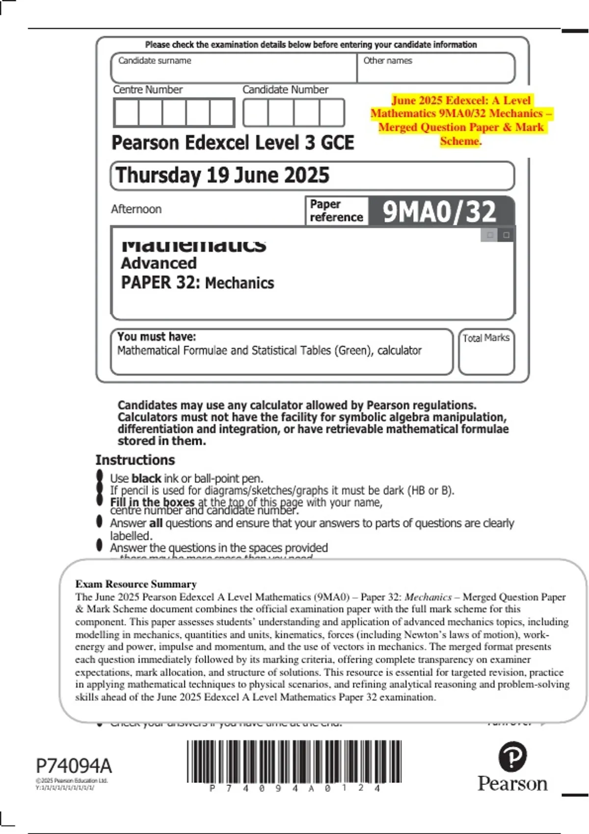 June 2025 Edexcel: A Level Mathematics 9MA0/32 Mechanics – Merged ...
