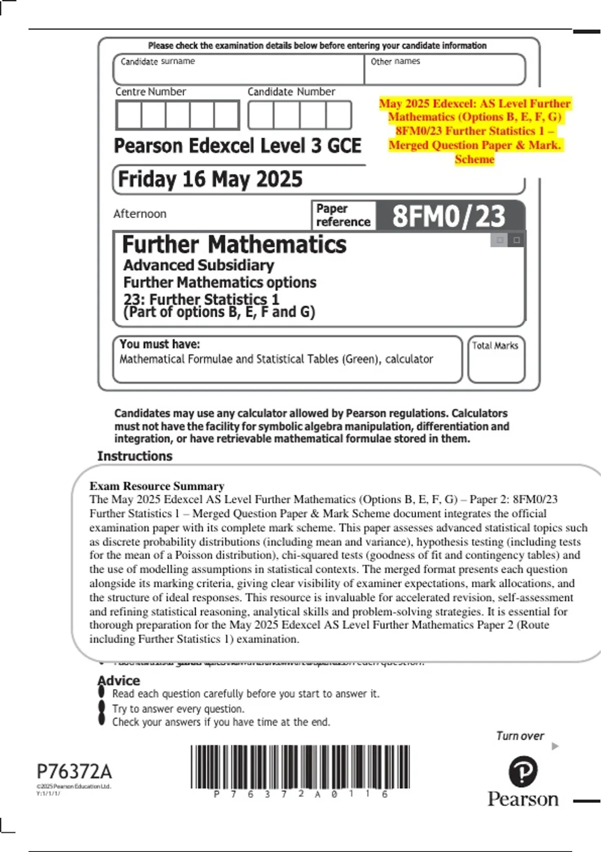 May 2025 Edexcel: AS Level Further Mathematics (Options B, E, F, G ...