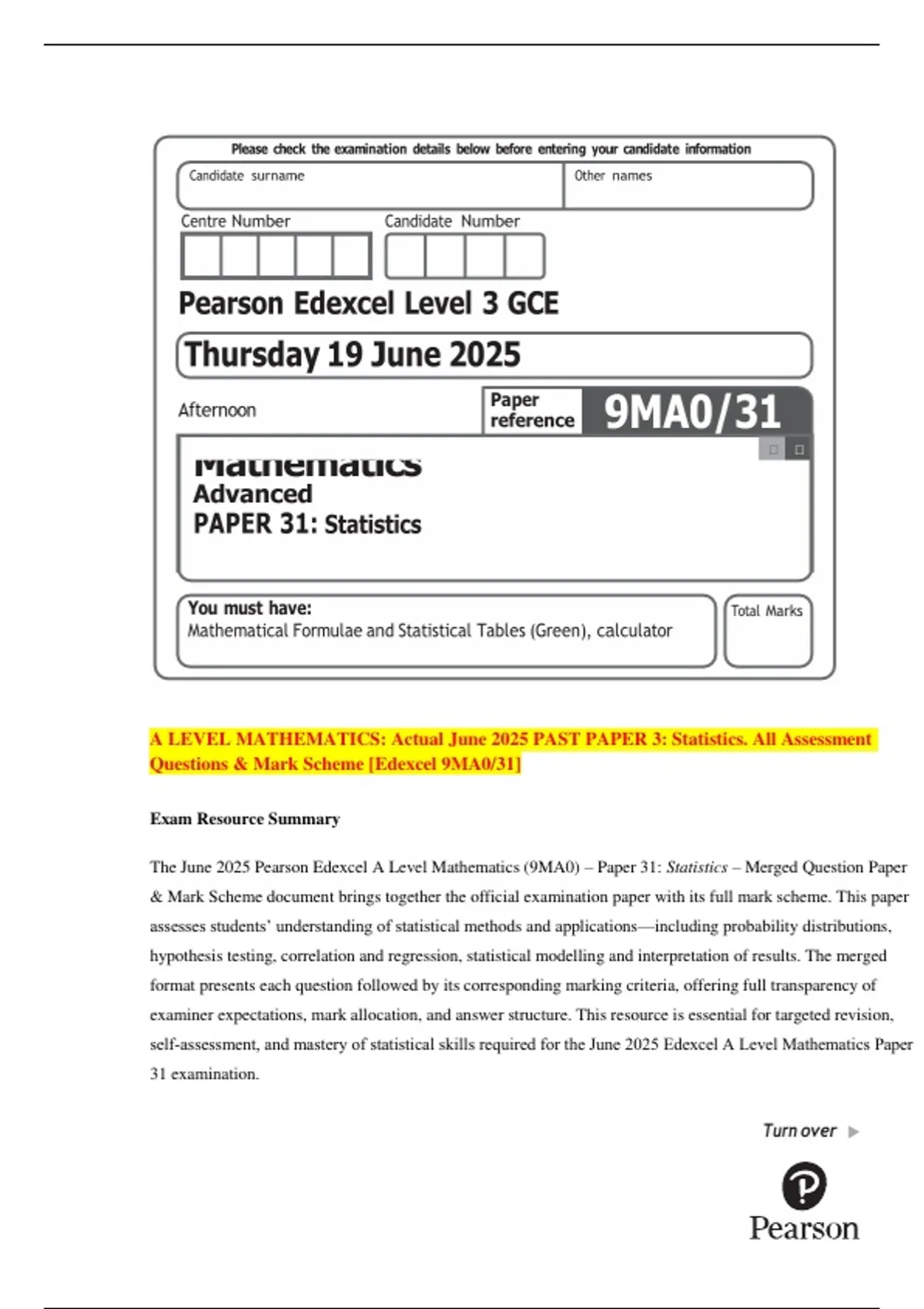 A LEVEL MATHEMATICS: Actual June 2025 PAST PAPER 3: Statistics. All ...