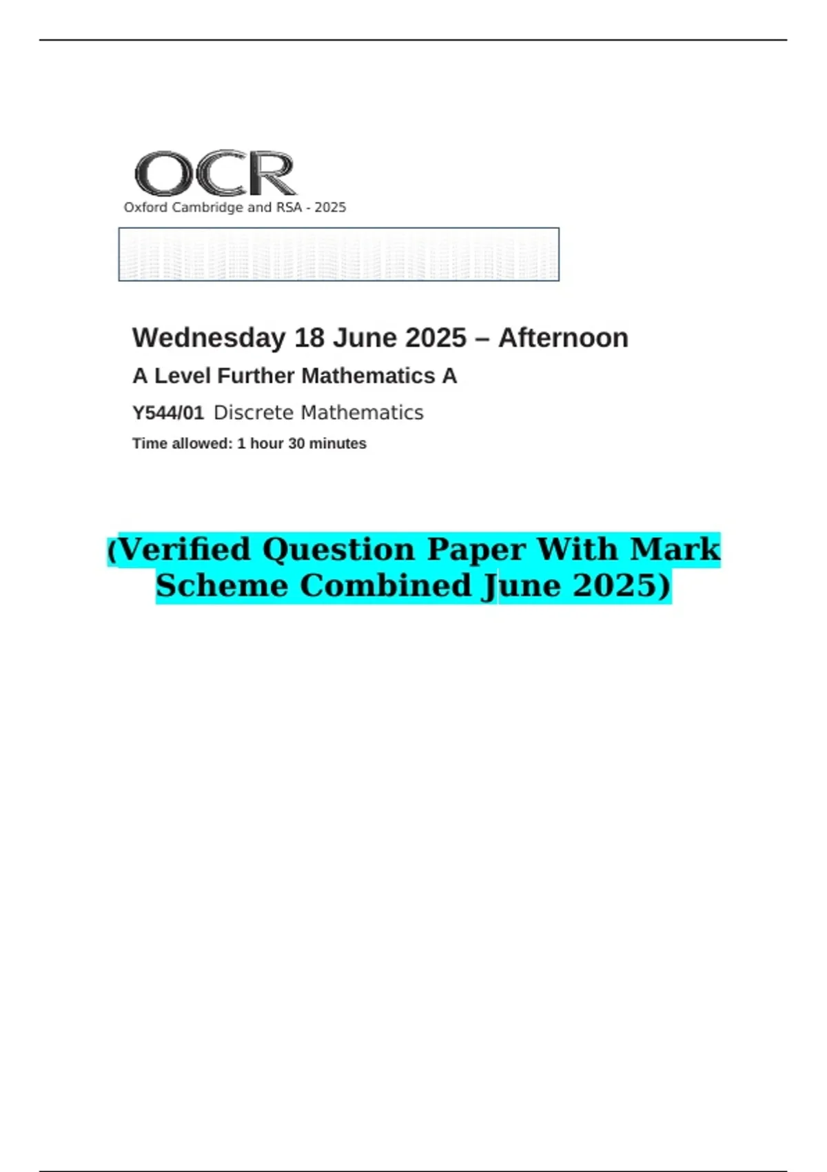 2025 OCR A Level Further Mathematics A Y544/01 Discrete Mathematics ...
