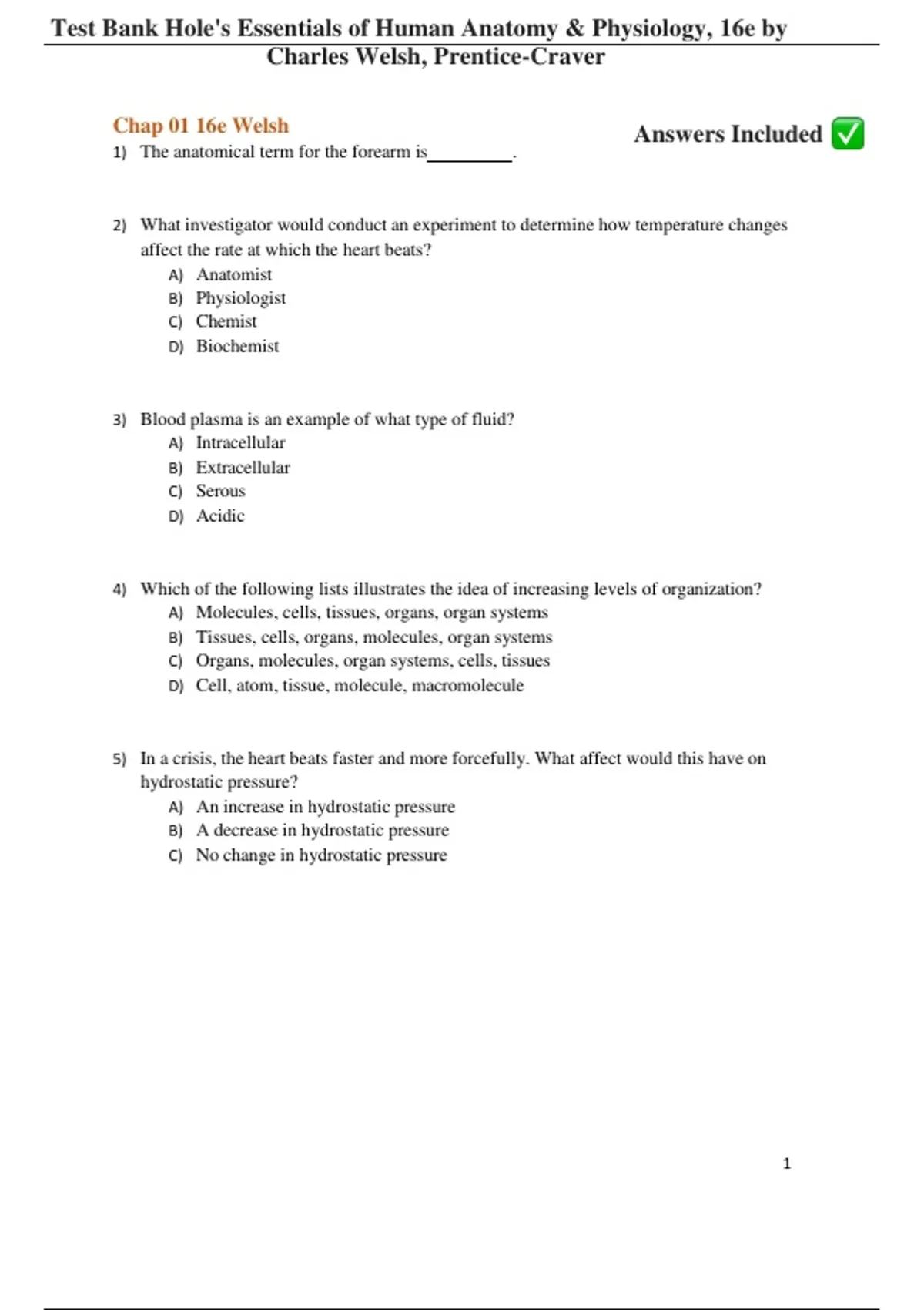 Test Bank for Hole’s Essentials of Human Anatomy & Physiology, 16th ...